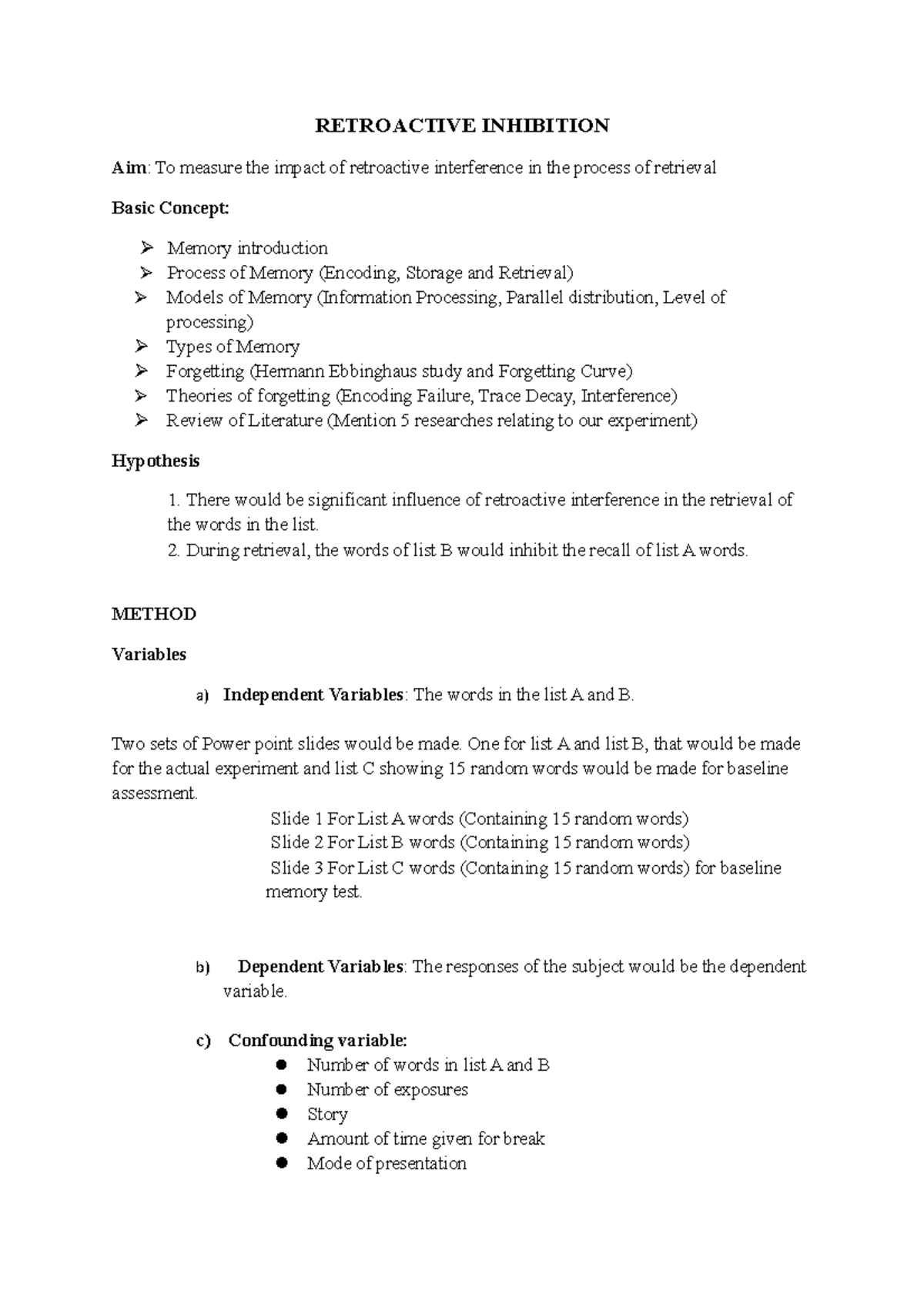 Retroactive Inhibition Study Outline - SEM I Analysis - Studocu
