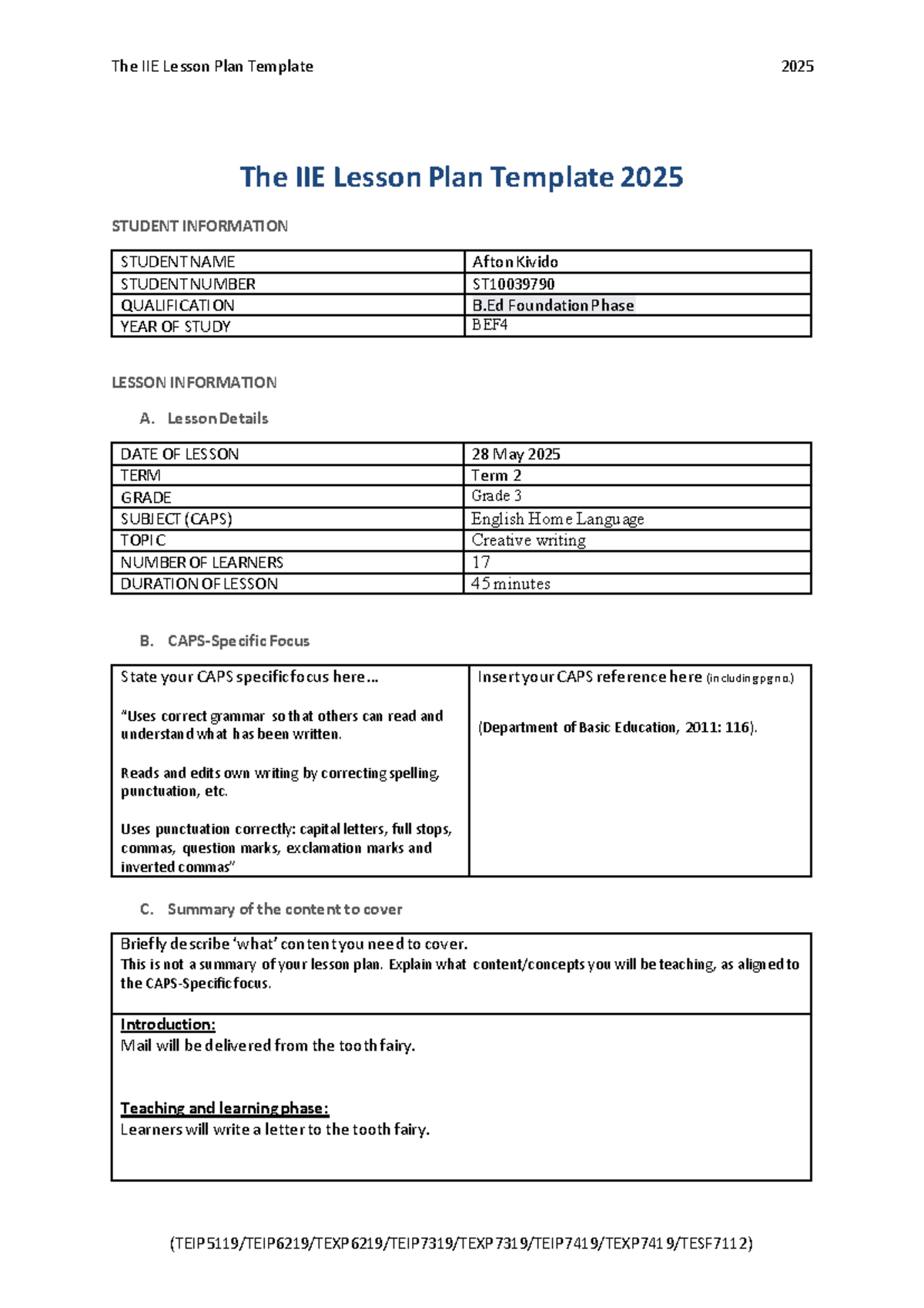 IIE Lesson Plan Template 2025 for Grade 3 English & Life Skills - Studocu