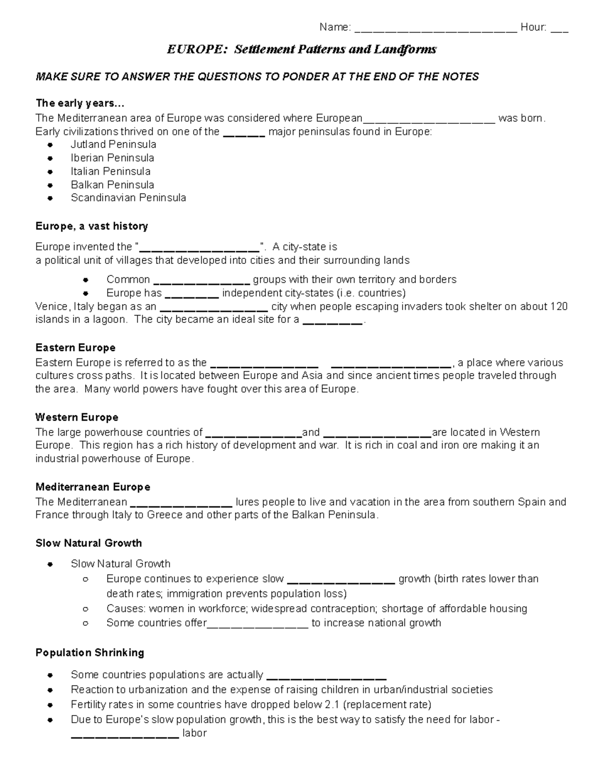 Europe Settlement Patterns and Landforms Focus Notes - Name ...
