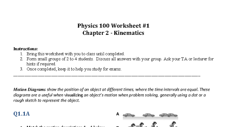 Physics 100 Worksheet: Chapter 2 Kinematics Practice - Studocu