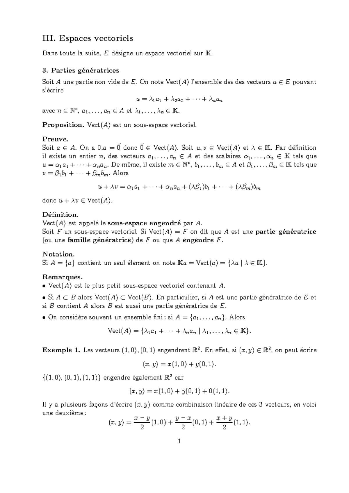 Cours 4bis-SMPE - III. Espaces vectoriels Dans toute la suite, E d ...