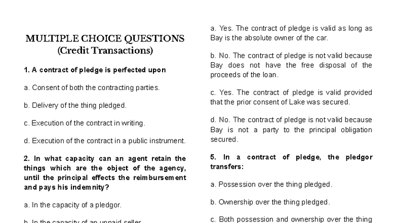 MCQs on Credit Transactions: Understanding Pledge and Mortgage - Studocu