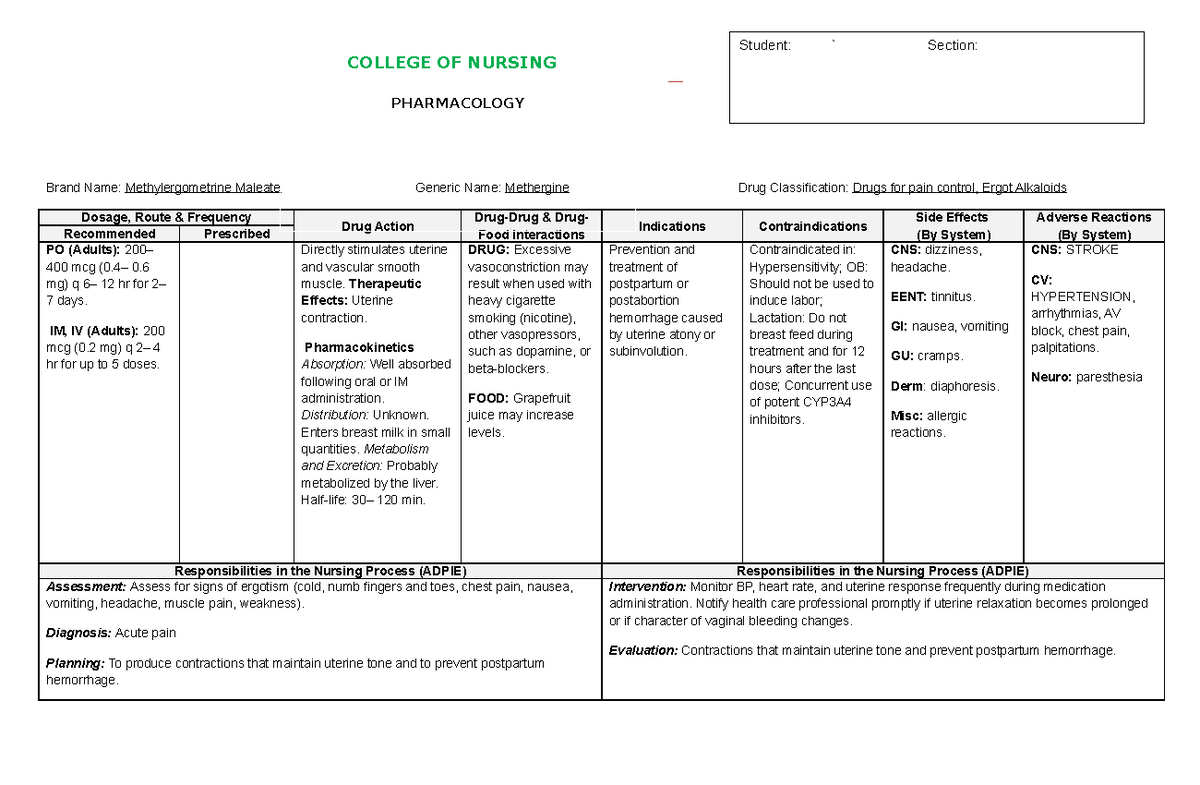 Methergine - mg) q 6– 12 hr for 2– 7 days. IM, IV (Adults): 200 mcg (0 ...