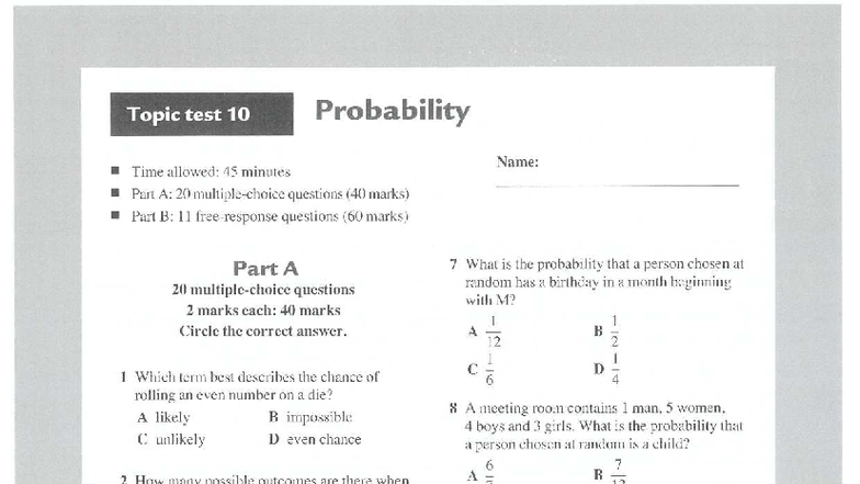 Y10 Additional Revision Worksheet: Topic Test 10 Probability - Studocu