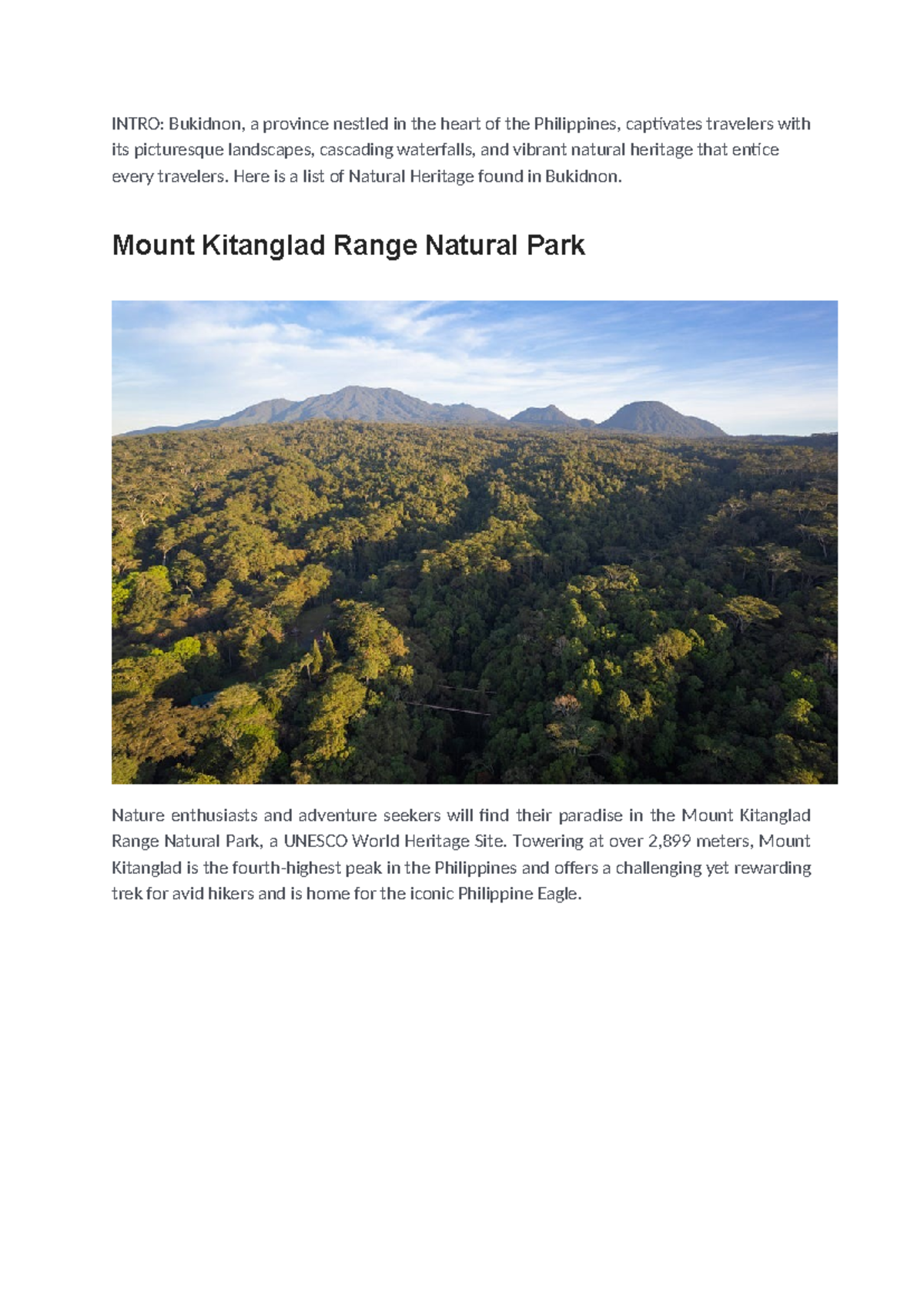 Natural Heritage - INTRO: Bukidnon, a province nestled in the heart of ...