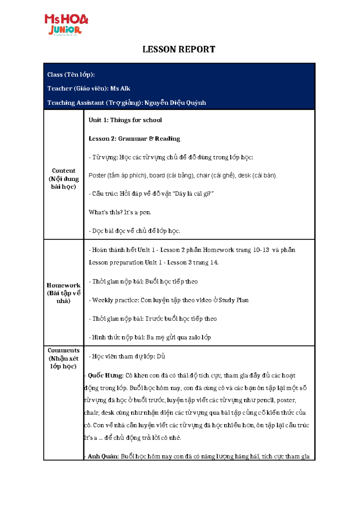 Lesson Report - U1 L2: Things for School - Explorer 1 - Studocu