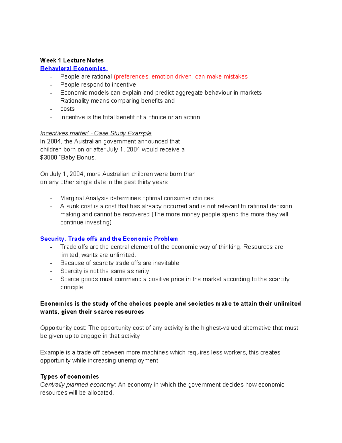 ECON100 Week 1-6 Lecture & Tutorial Notes on Behavioral Economics - Studocu