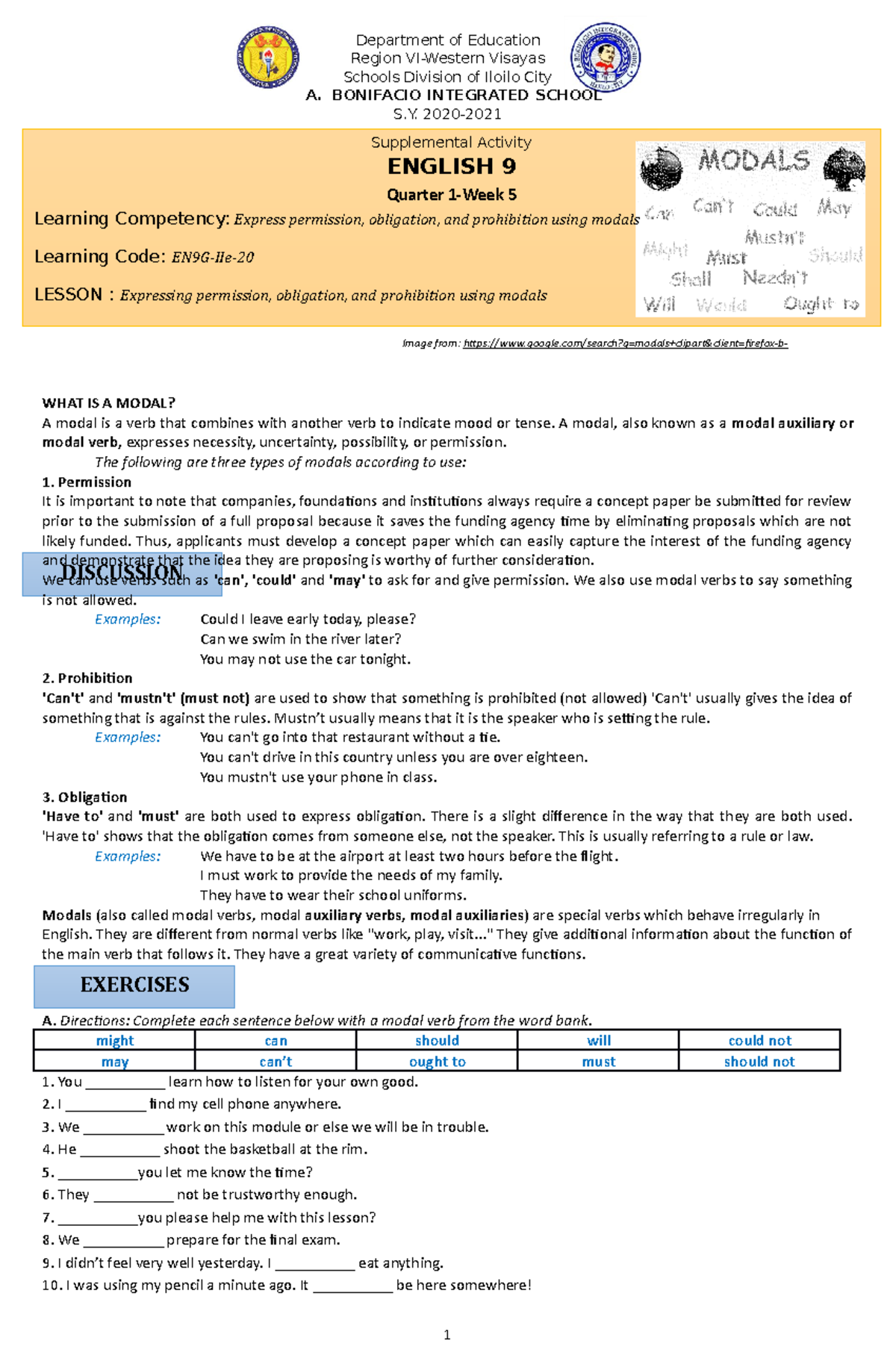 English 9-WEEK 5 Modals - Department of Education Region VI-Western ...