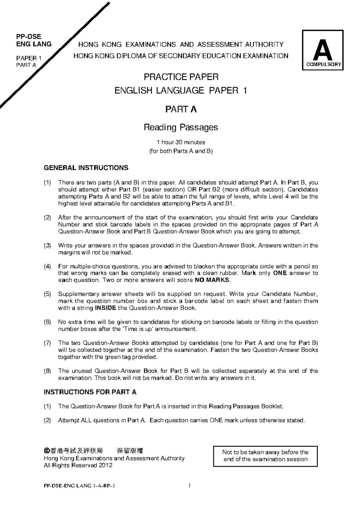 HKDSE Practice Paper 2012 - English Language Paper 1 (Part A) - Studocu