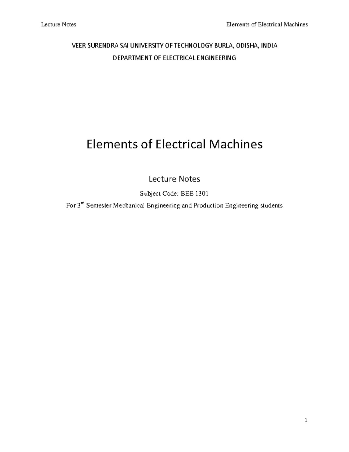 Lecture Notes on Electrical Machines BEE 1301 - 3rd Sem ME & PE - Studocu