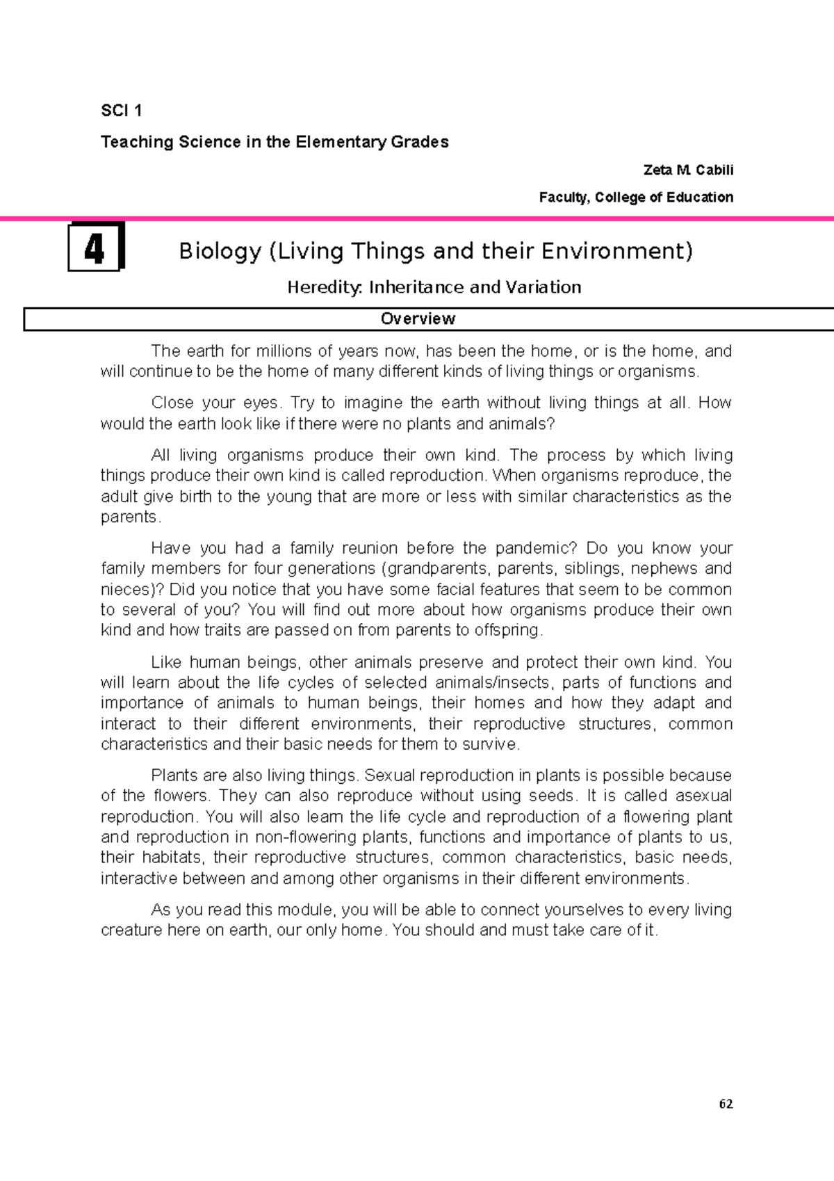 Biology Module 4: Heredity, Reproduction & Life Cycles in SCI 6263 ...