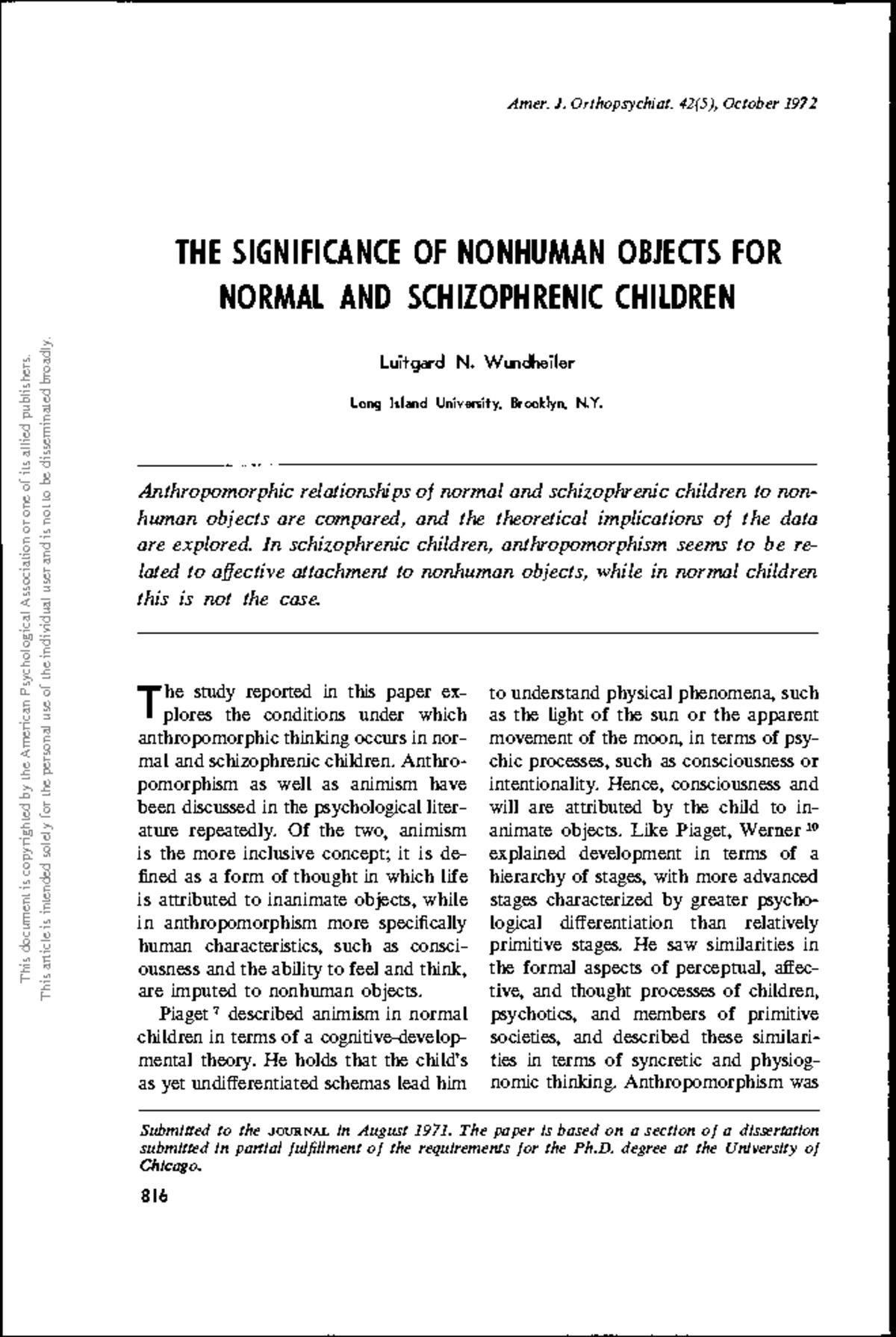 The Significance of Nonhuman Objects in Normal and Schizophrenic ...