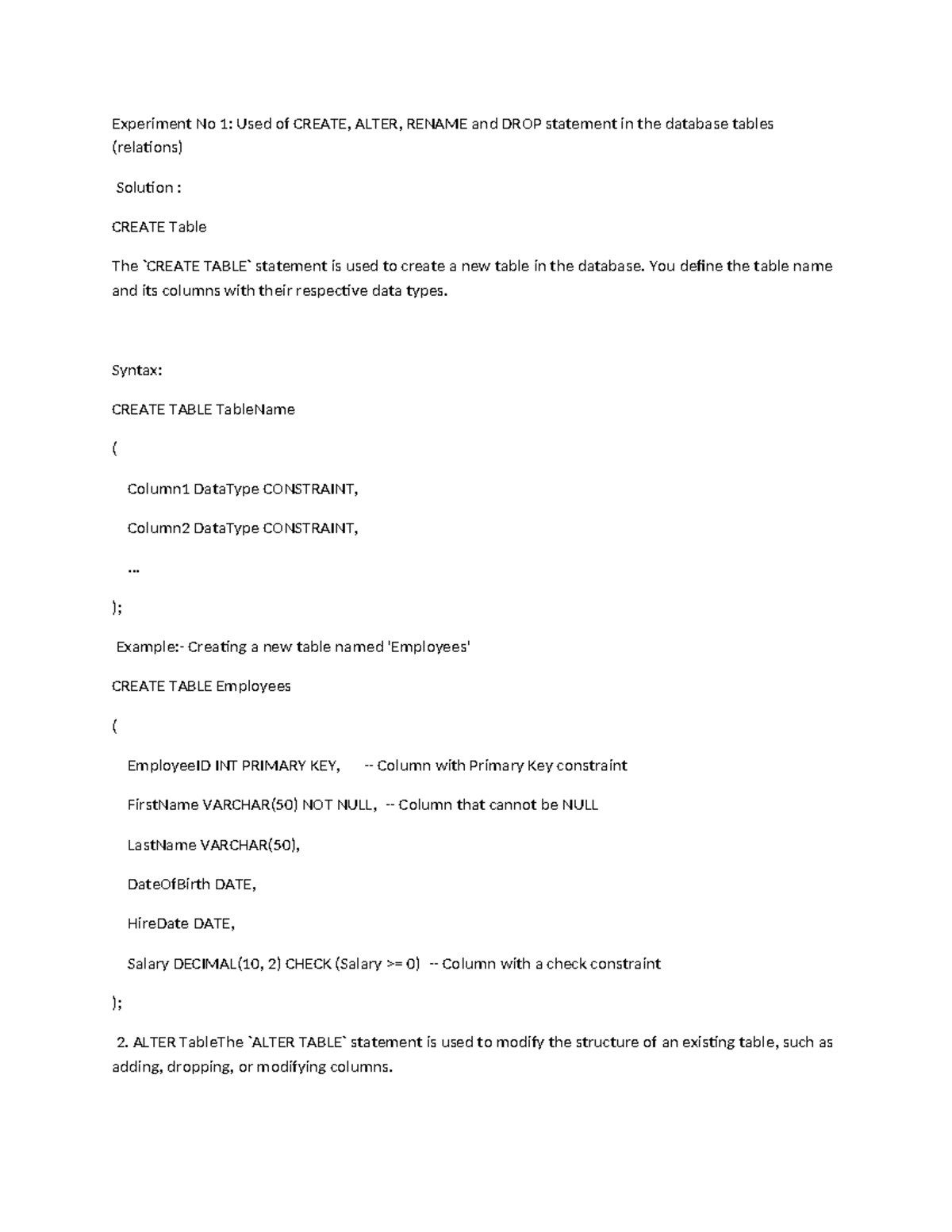 Lab manual dbms - practical file for dbms , bca course - Experiment No 1: Used of CREATE, ALTER ...