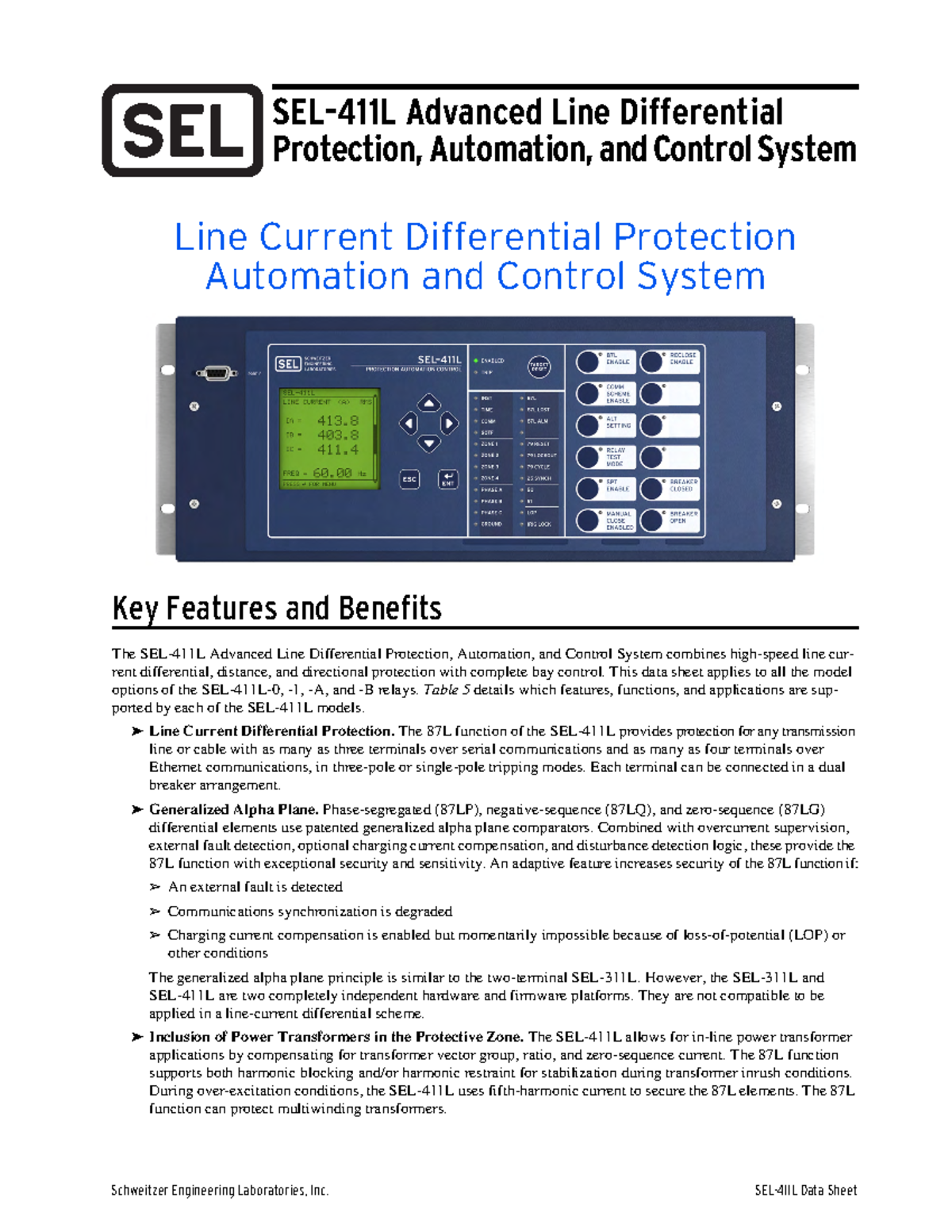 SEL-411L Data Sheet: Advanced Line Differential Protection Overview ...