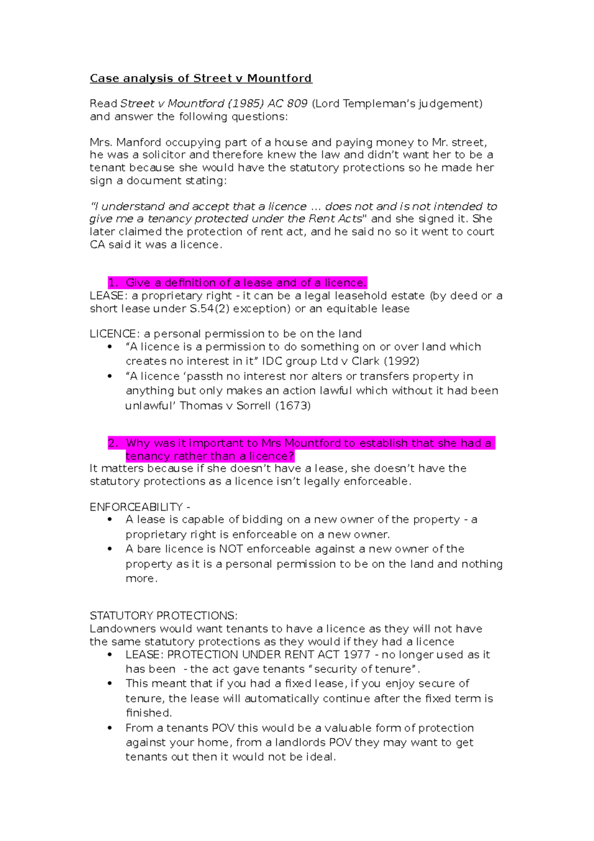 Case Study: Legal Insights on Street v Mountford (1985) AC 809 Analysis ...