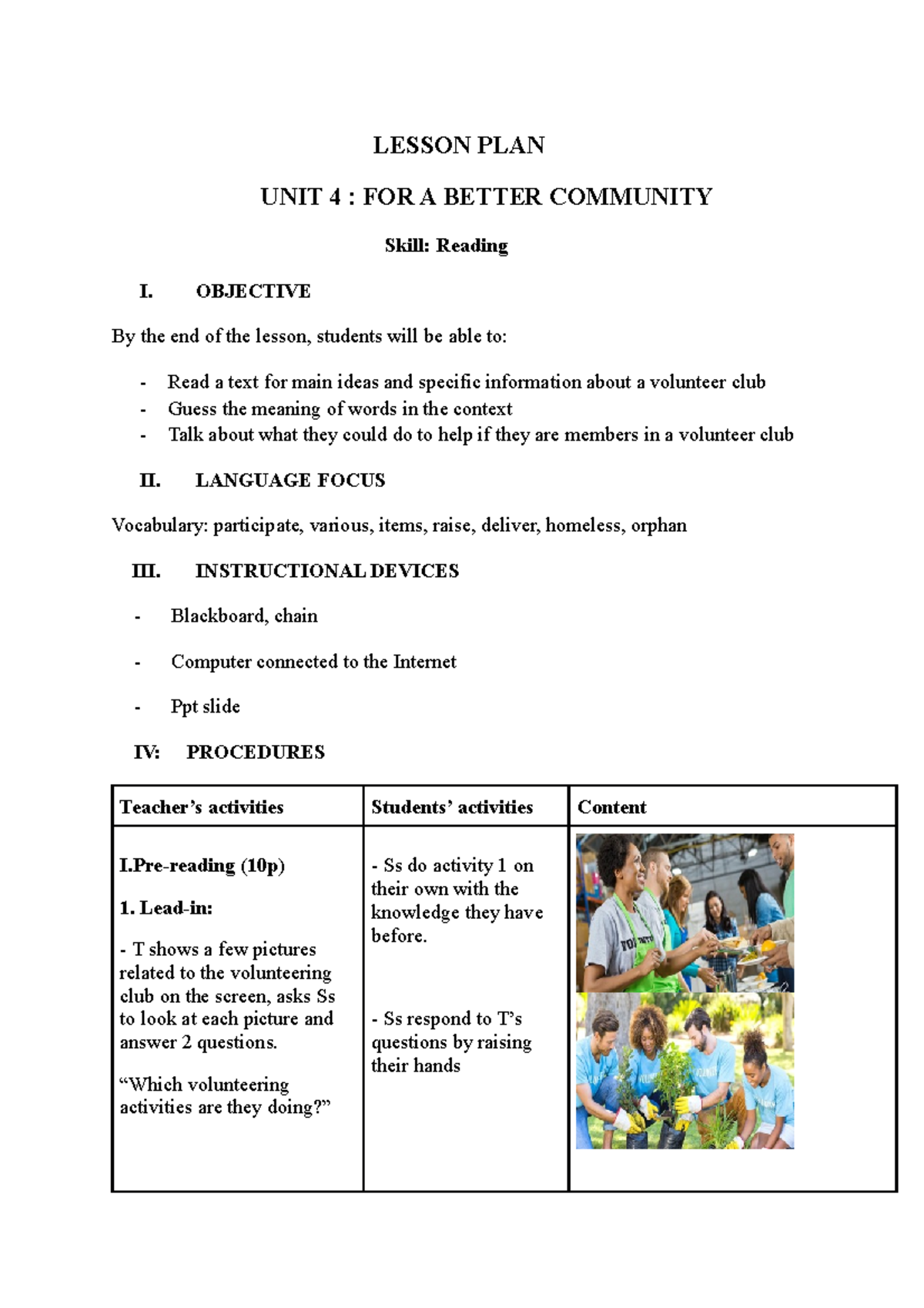 Lesson plan for teaching - LESSON PLAN UNIT 4 : FOR A BETTER COMMUNITY ...