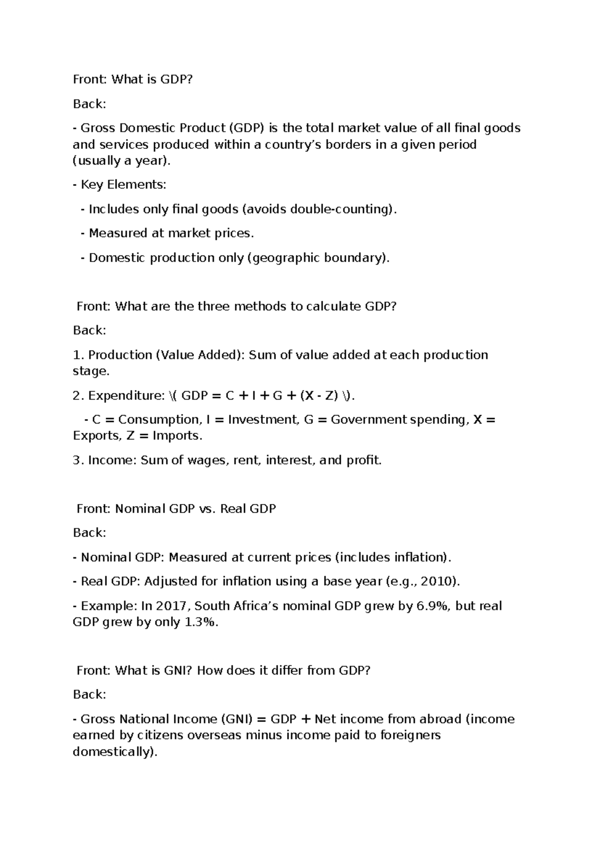 Flashcards for Macro (ECO 101): Key Concepts & GDP Insights - Studocu