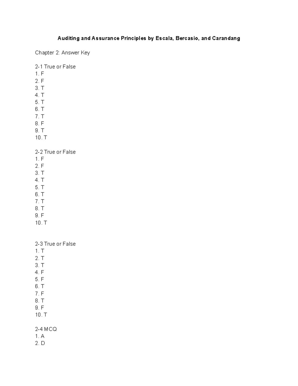 Auditing and Assurance Principles (AA 101) - Chapter 2 Answer Key - Studocu