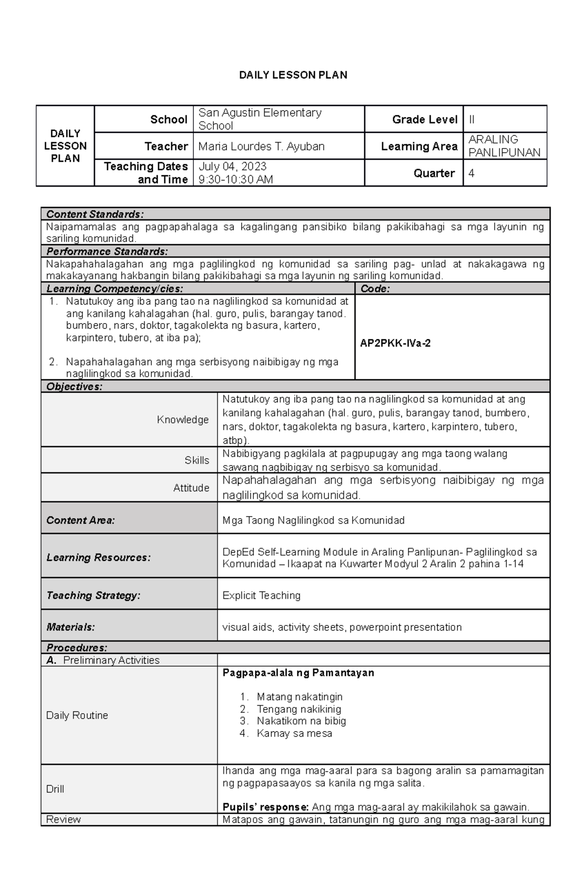 CO 2 AP2 Q4 - Araling Panlipunan Lesson Plan for Grade II - Studocu