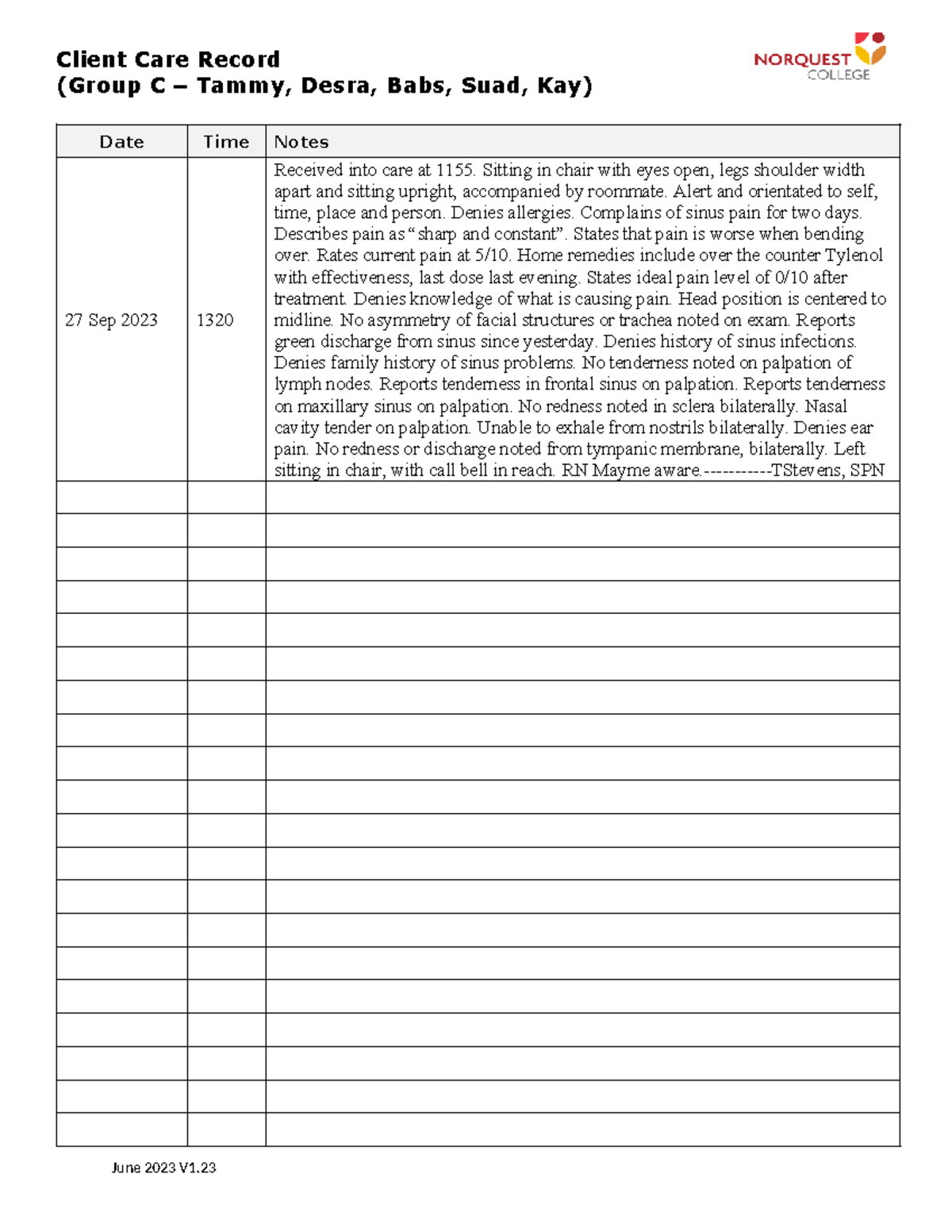 Client Care Record Group C - Client Care Record (Group C – Tammy, Desra ...