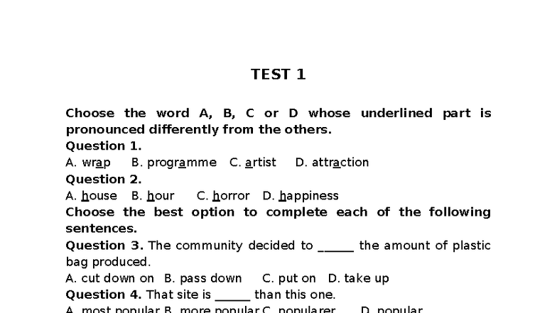 TEST 1: Pronunciation and Sentence Completion Exercises - Studocu
