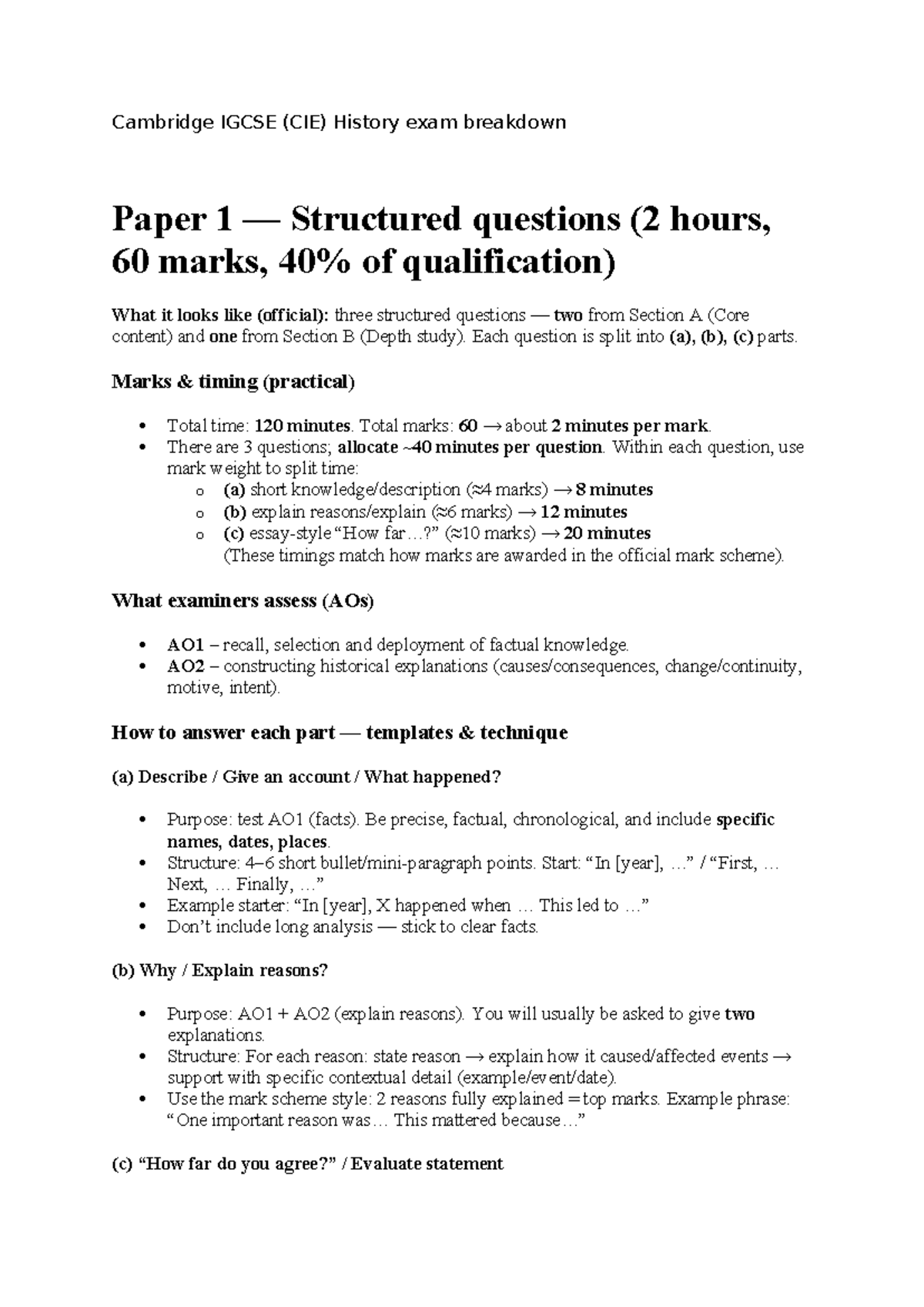 Cambridge IGCSE (CIE) History Exam Breakdown: Paper 1 & 4 Guide - Studocu
