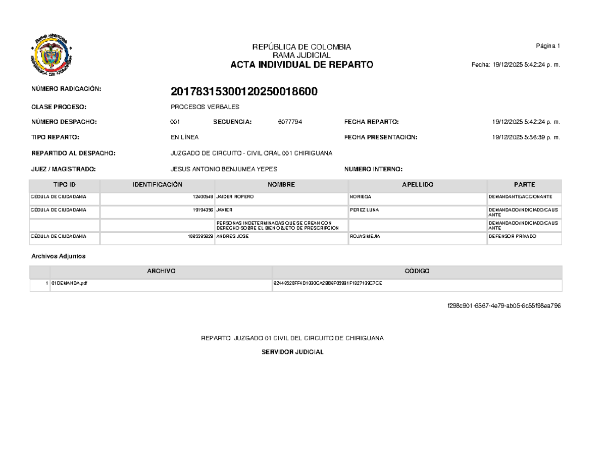 Acta de Reparto - Proceso Verbal - Juzgado Civil 001 Chiriguana - Studocu