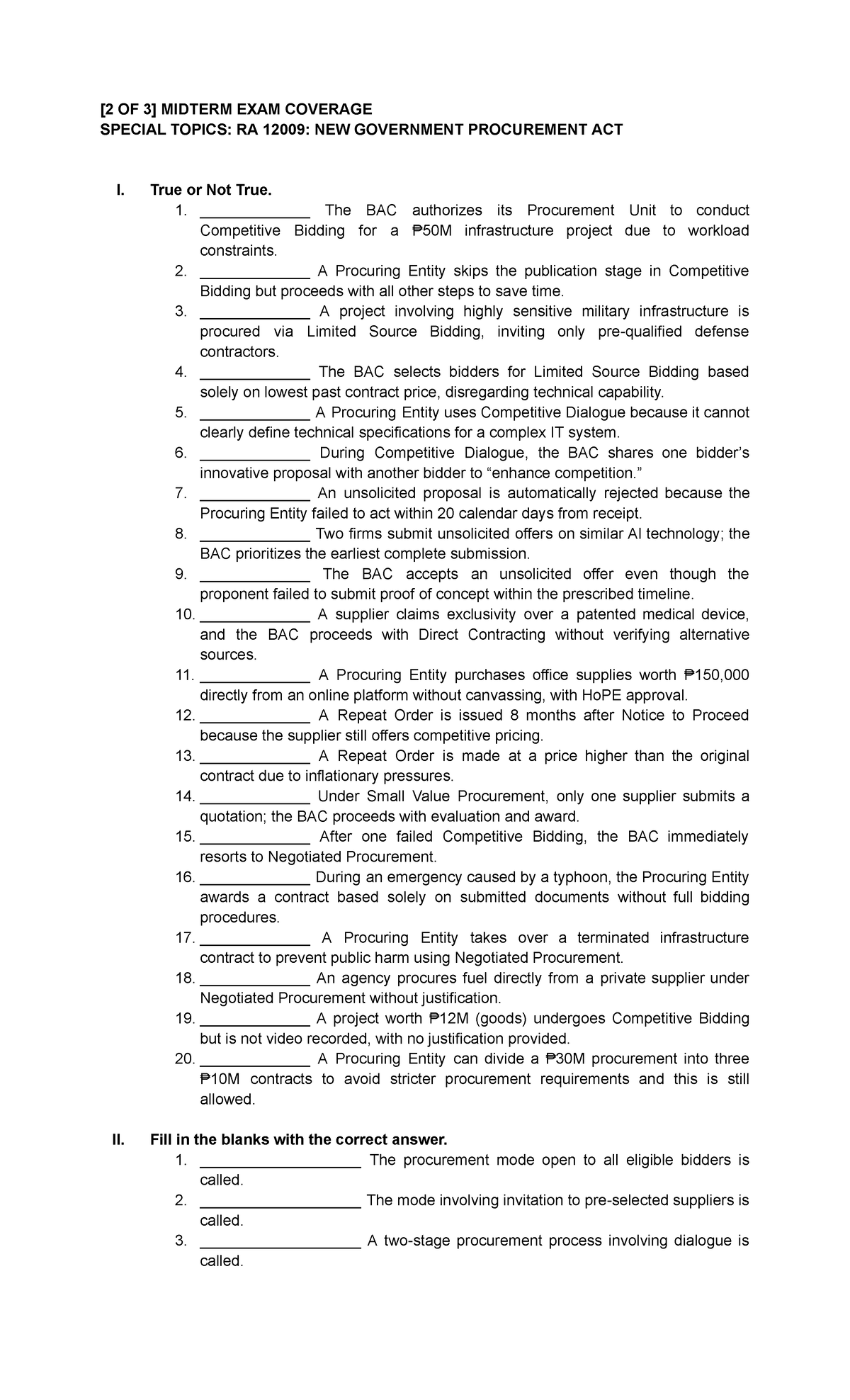 RA 12009: Midterm Exam Coverage on Special Topics in Procurement - Studocu
