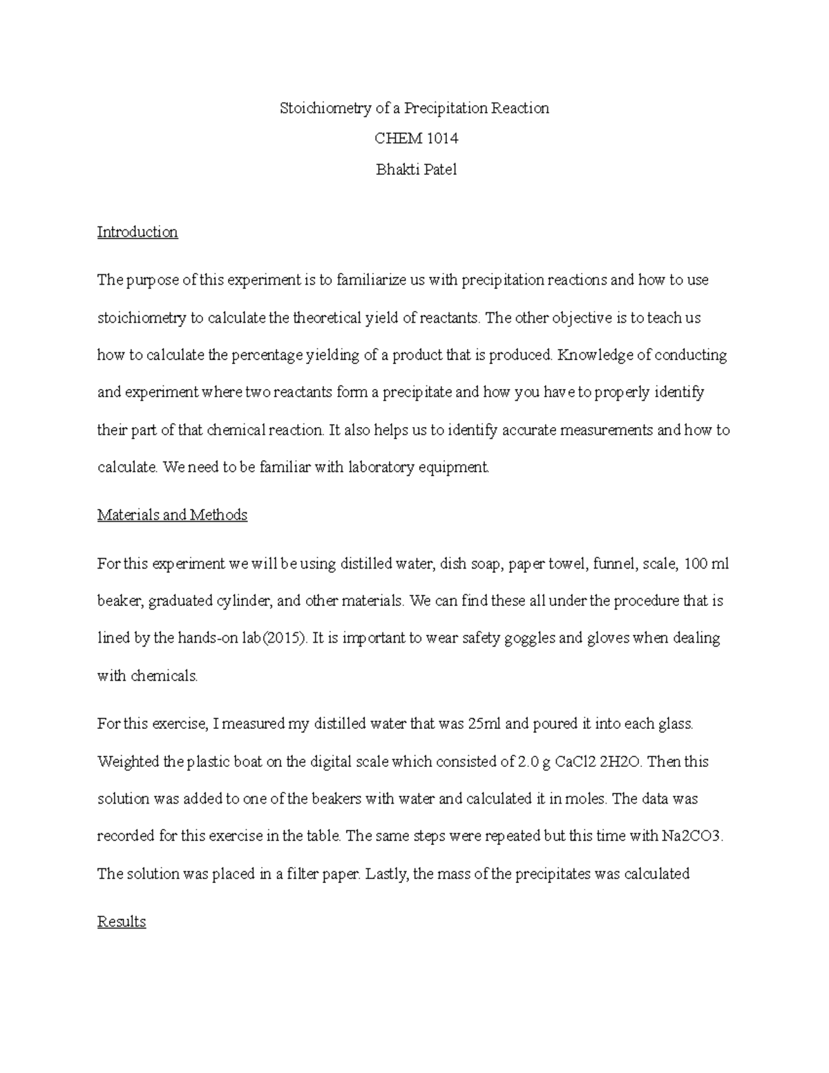 CHEM 1014 Lab Report 5: Stoichiometry of Precipitation Reactions - Studocu