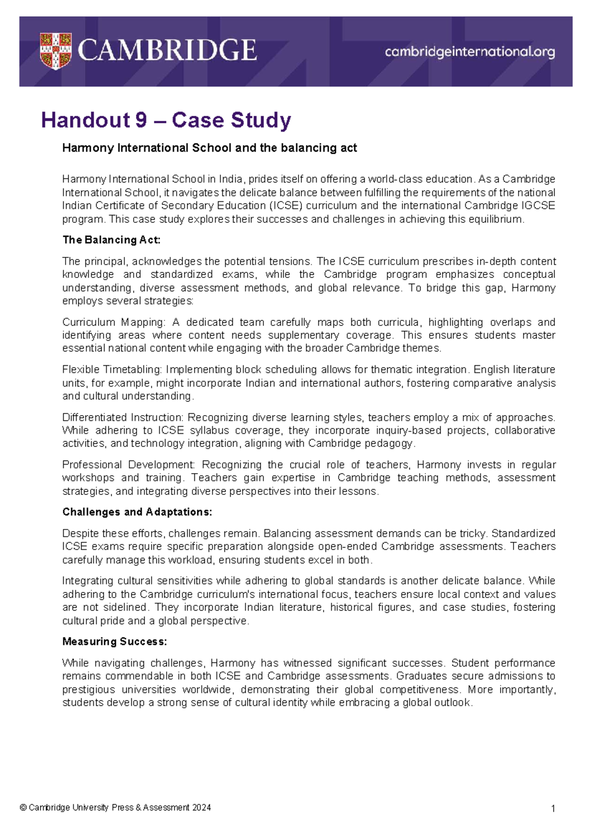 11 SYLJ Case Study: Balancing ICSE & Cambridge at Harmony Intl. School - Studocu
