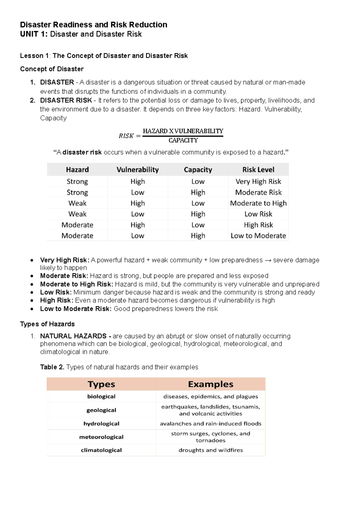 Disaster Readiness and Risk Reduction UNIT 1: Lesson 1 Overview - Studocu