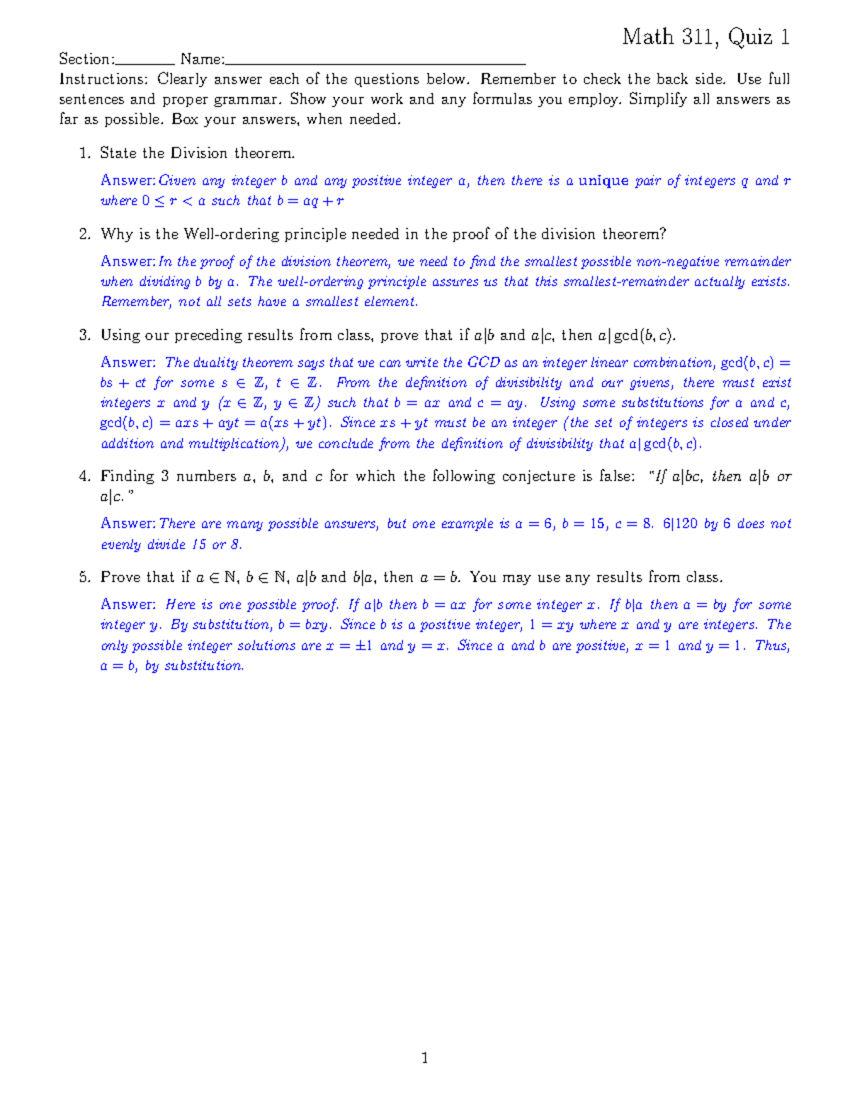 Quiz 1 answers - Math 311, Quiz 1 Section: Name: Instructions: Clearly ...
