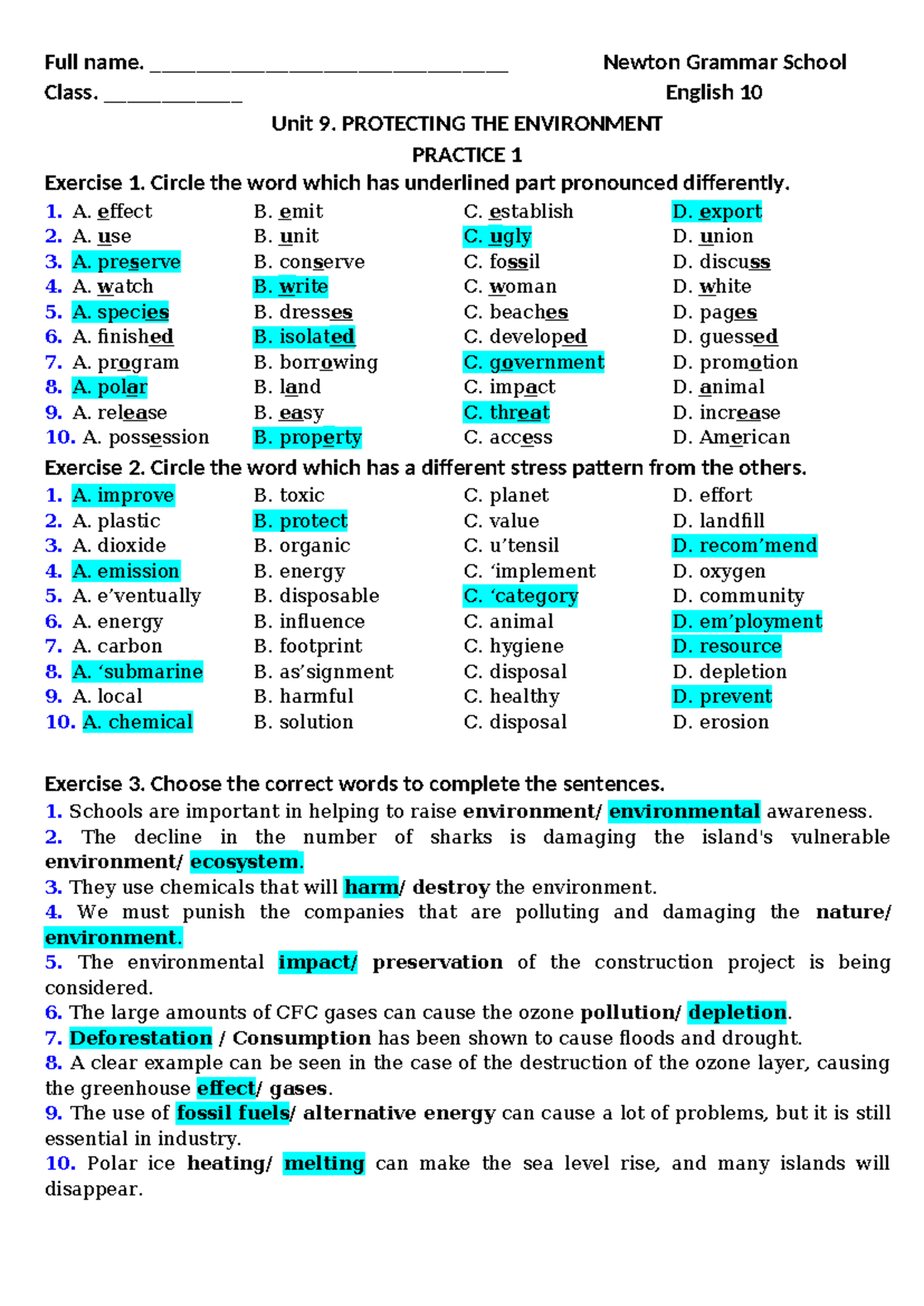 G10 Unit 9 P1 KEY - G10 Unit 9 P1 KEY - Full name ...