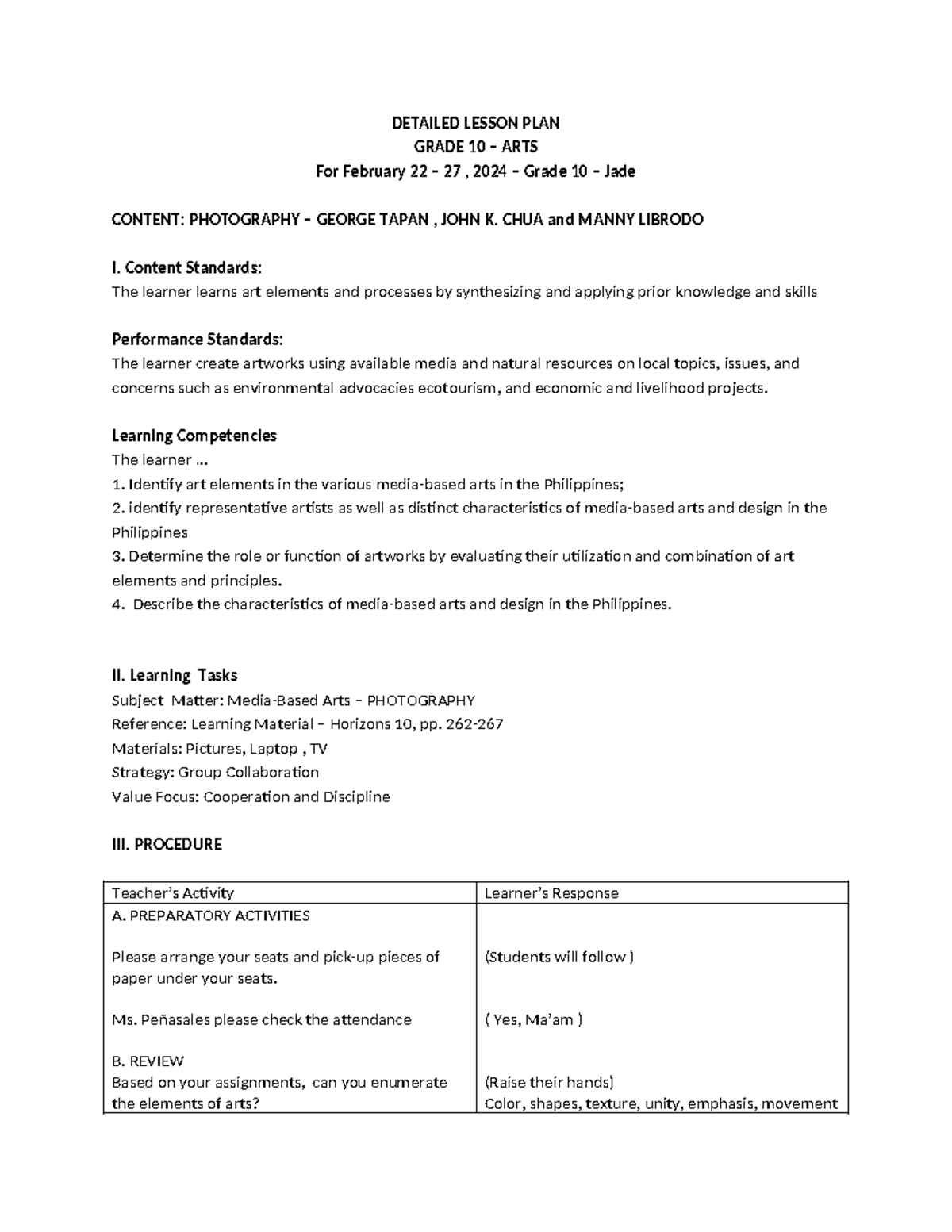 Detailed Lesson Plan: ARTS 10 - Photography (Feb 22-27, 2024) - Studocu