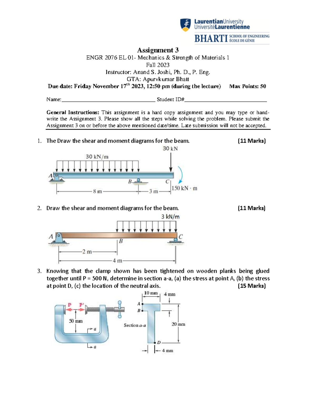 Assignment 3 - ENGR 2076 EL - Mechanics & Strength of Materials 1 F23 ...