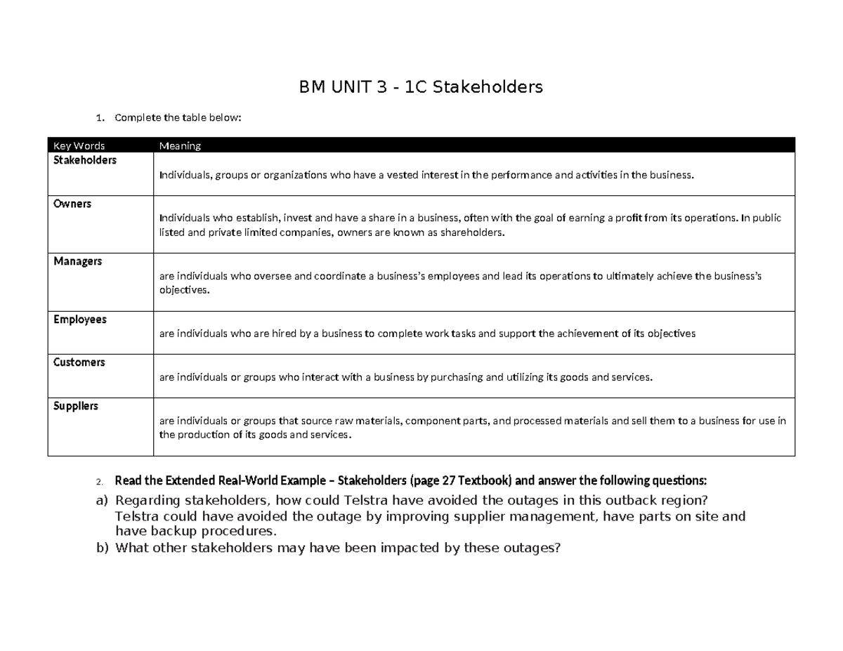 BM UNIT 3 1C Stakeholders - Worksheet and Analysis - Studocu