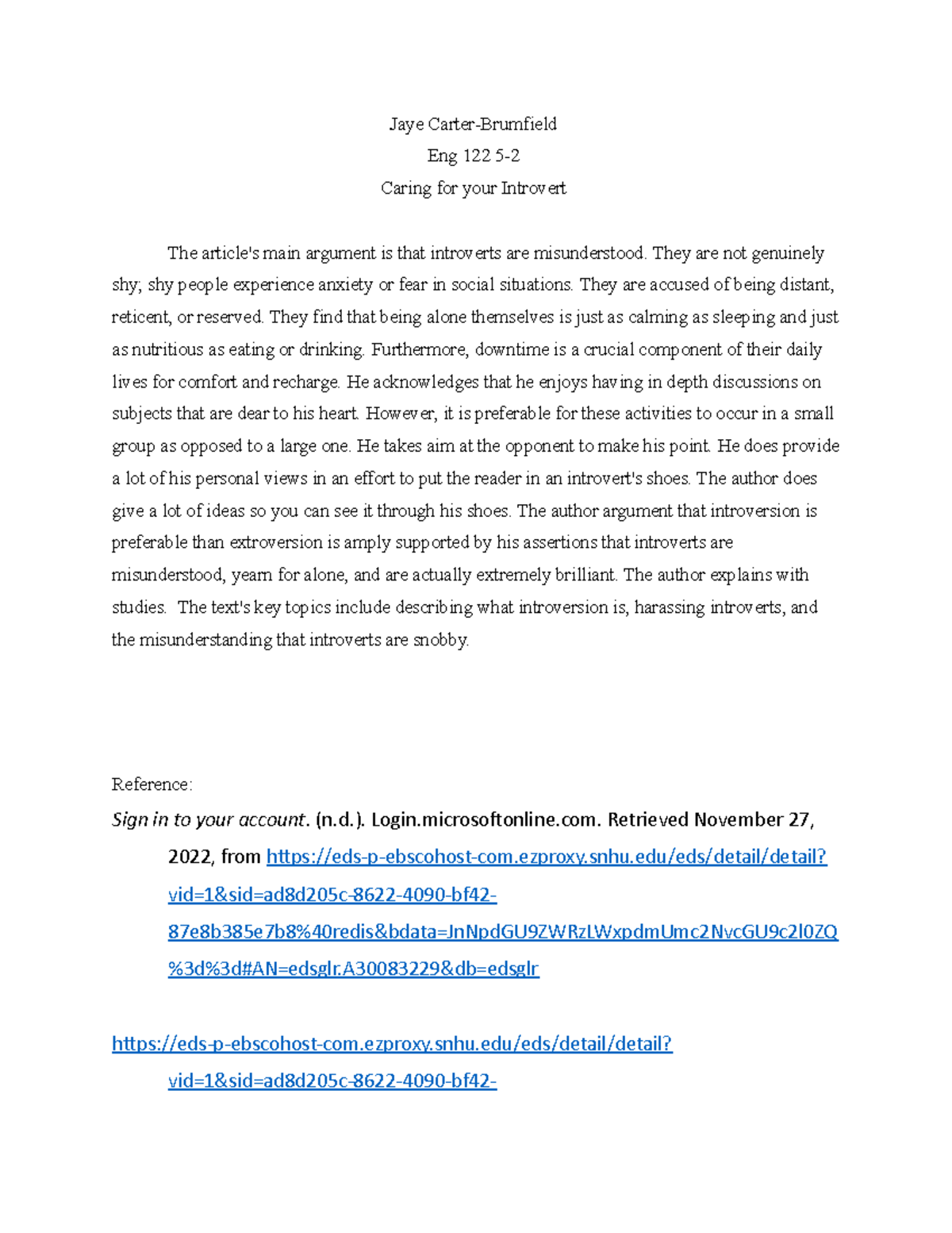Eng 122 5-2 Caring for your Introvert - Jaye Carter-Brumfield Eng 122 5- Caring for your ...