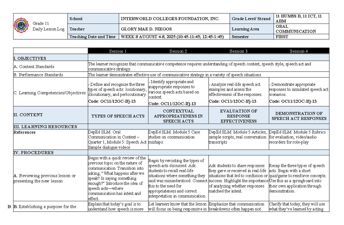 WEEK 8 LESSON LOG: ORAL COMMUNICATION (Q1) - GRADE 11 - Studocu