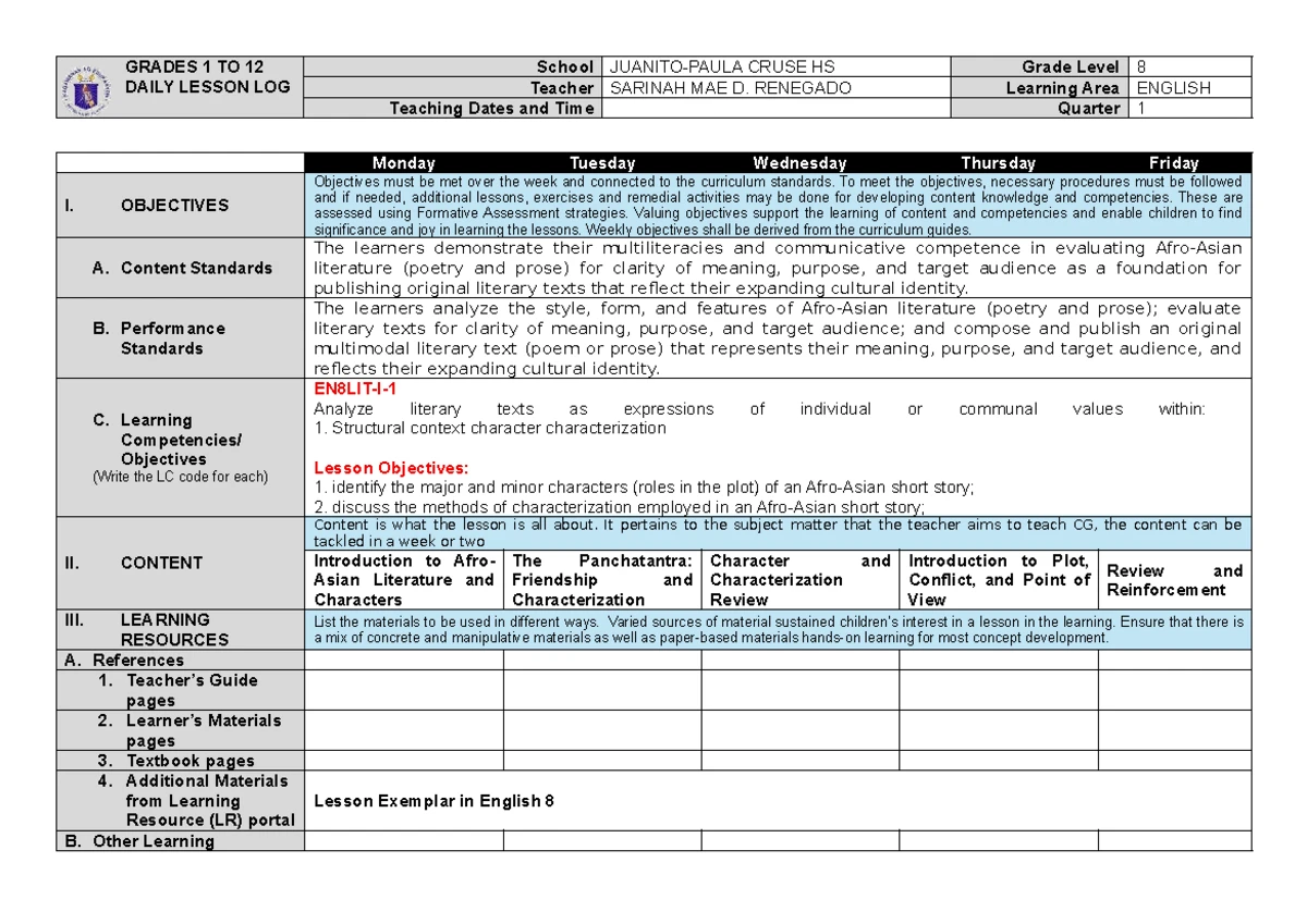 Q1 Week 5 Daily Lesson Log for English 8 at CRUSE HS - Studocu