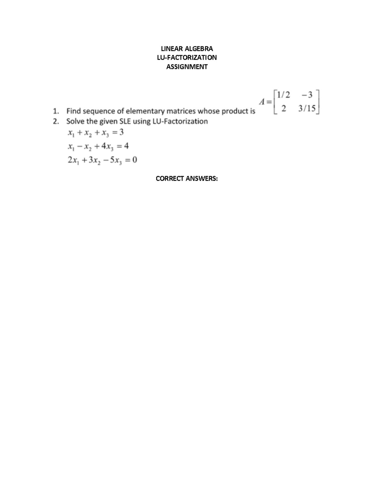 LINEAR ALGEBRA: LU-Factorization - Linear Algebra With Matlab - TIP - Studocu