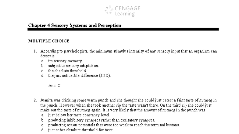 Chapter 4: Sensory Systems & Perception Exam Prep Questions 2025 - Studocu