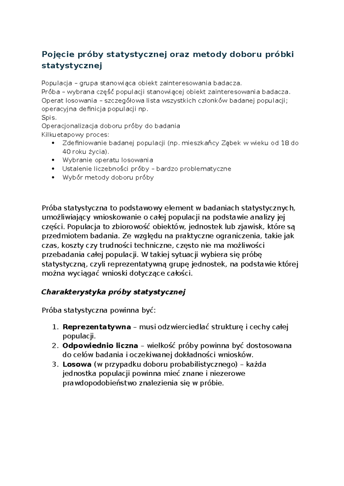 Pojęcie próby statystycznej i metody doboru próbki statystycznej - Studocu