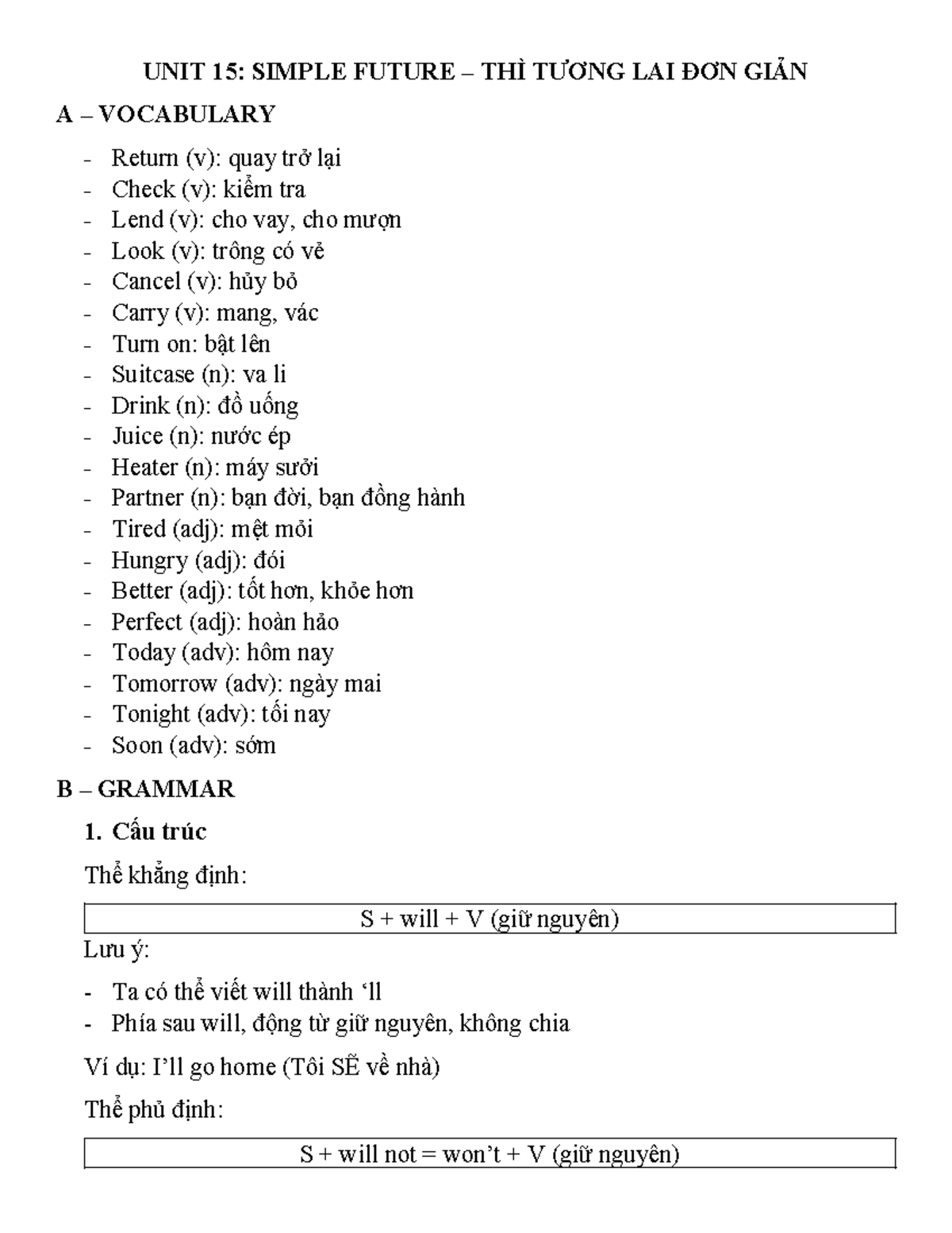 UNIT 15: SIMPLE FUTURE TENSE - VOCAB & GRAMMAR NOTES - Studocu