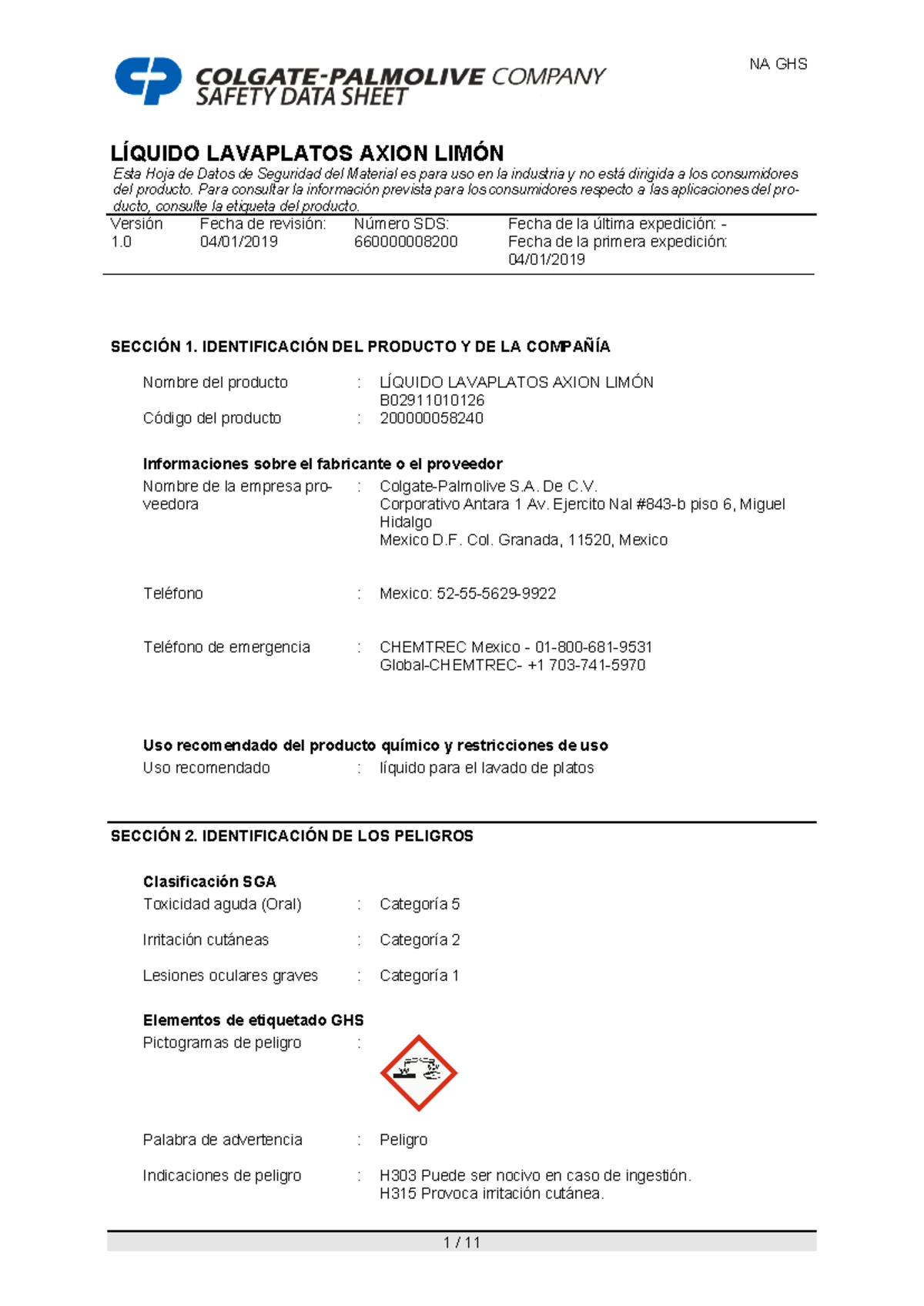 Hoja de Seguridad de Líquido Lavaplatos Axion Limón - SDS 660000008200 ...