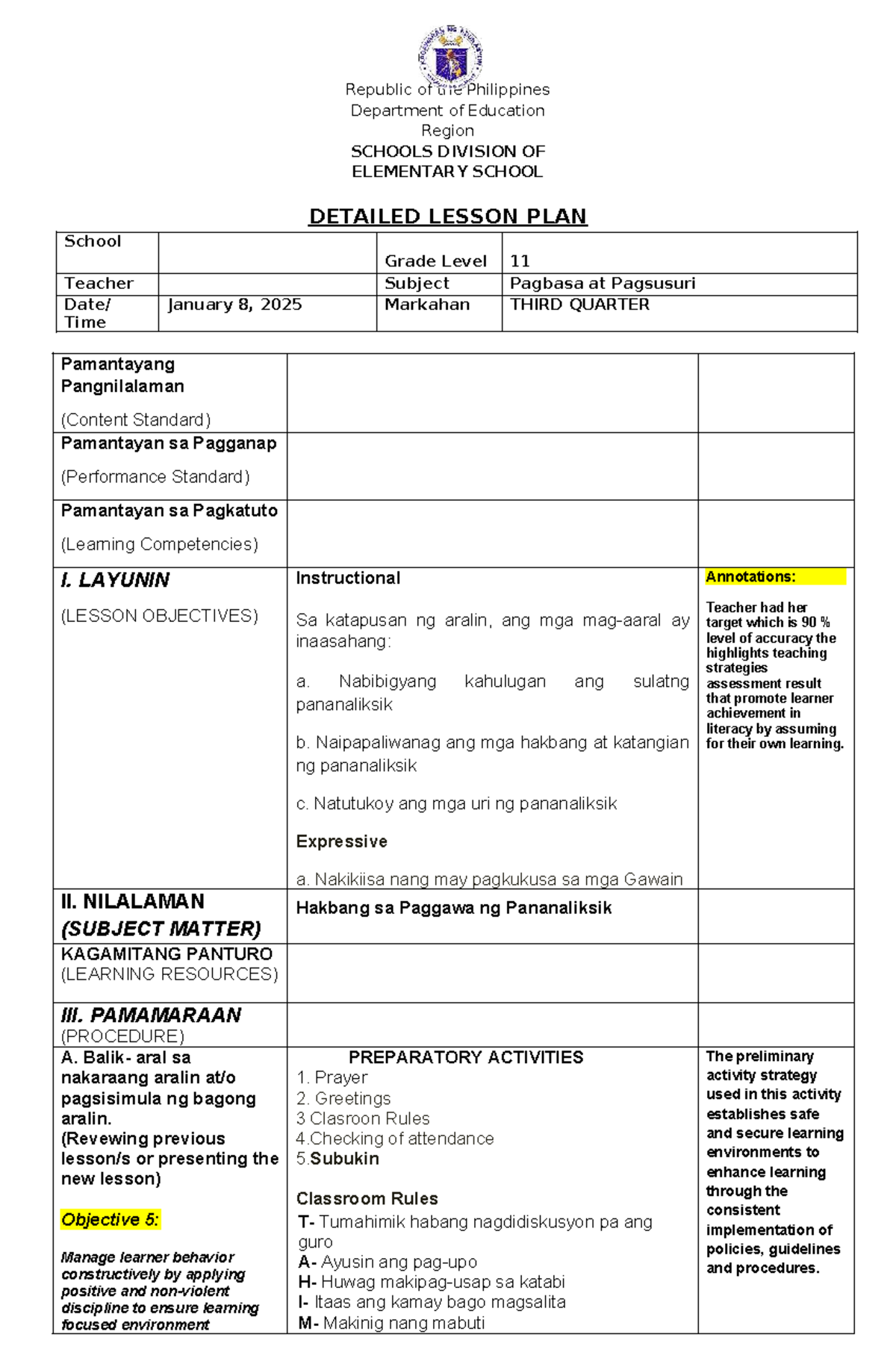 PMES- Detailed Lesson Plan on Pagbasa at Pananaliksik 11 - Studocu