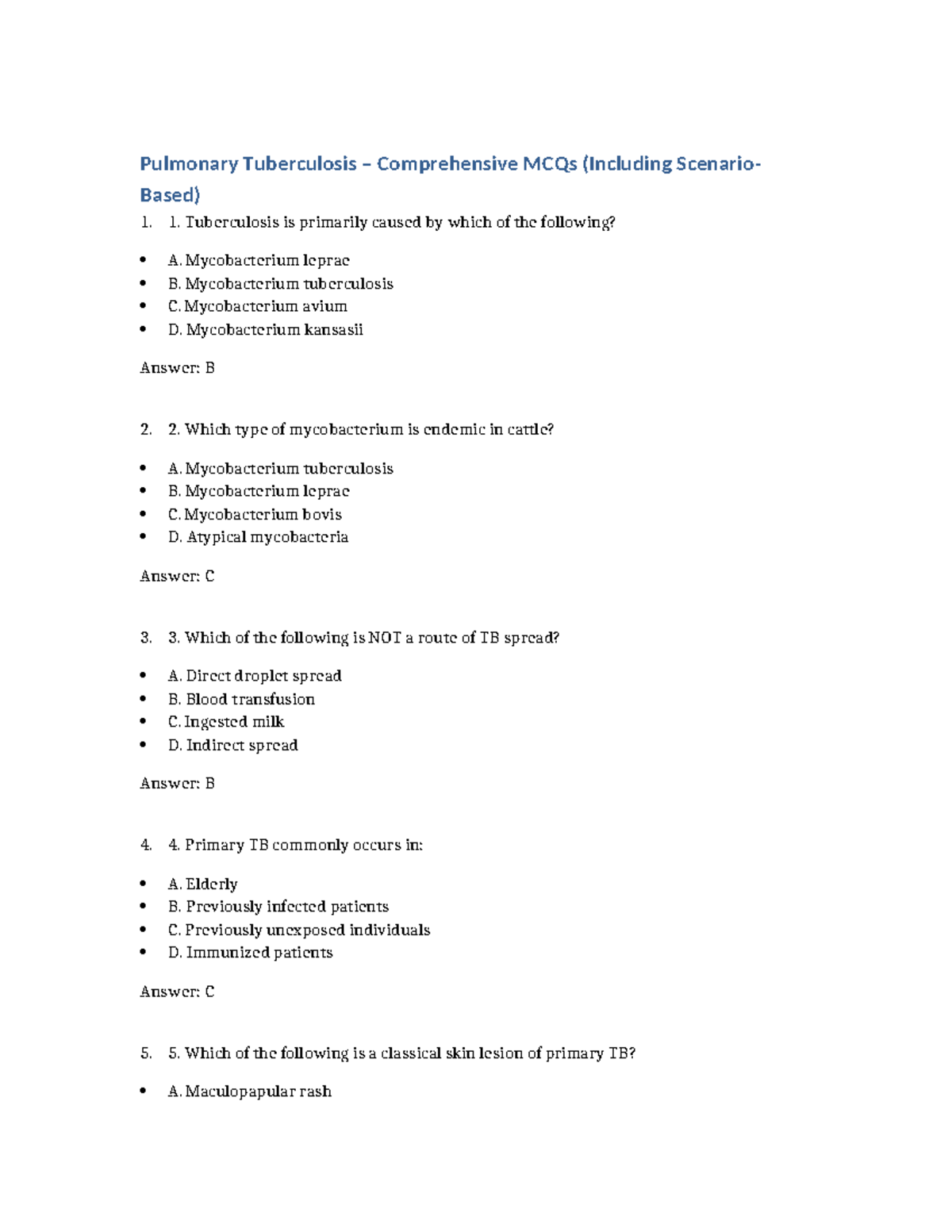 Pulmonary TB MCQs (Comprehensive Practice Questions) - Studocu