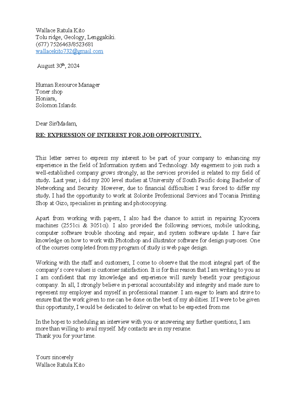 HR Job Interest Letter - Lecture Notes for 100 Level Students - Studocu