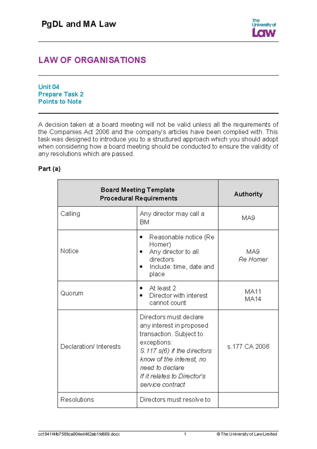 PgDL and MA Law: Board Meeting Template for Unit 04 Task 2 - Studocu