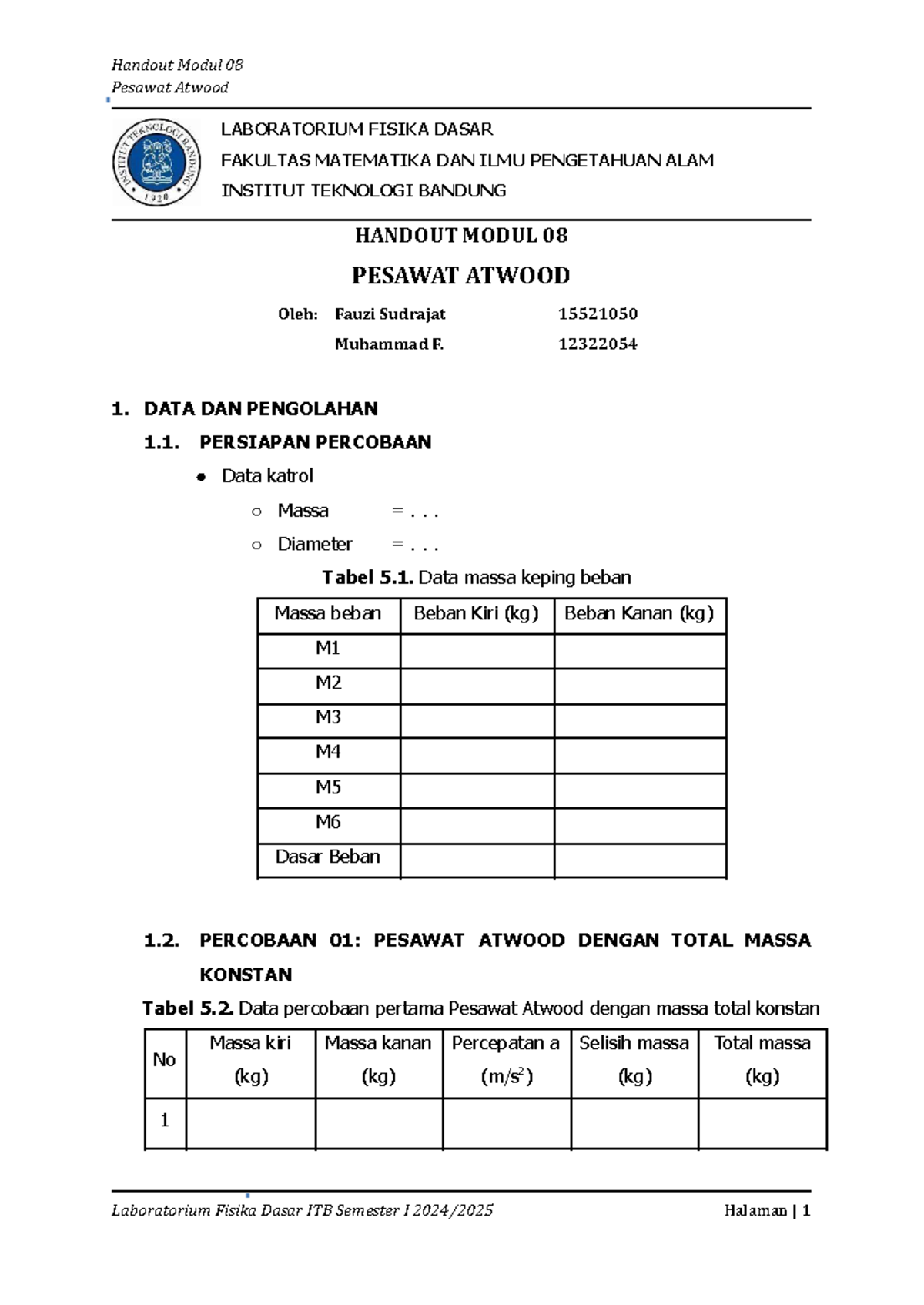 Modul 08: Handout Praktikan - Eksperimen Pesawat Atwood - Studocu