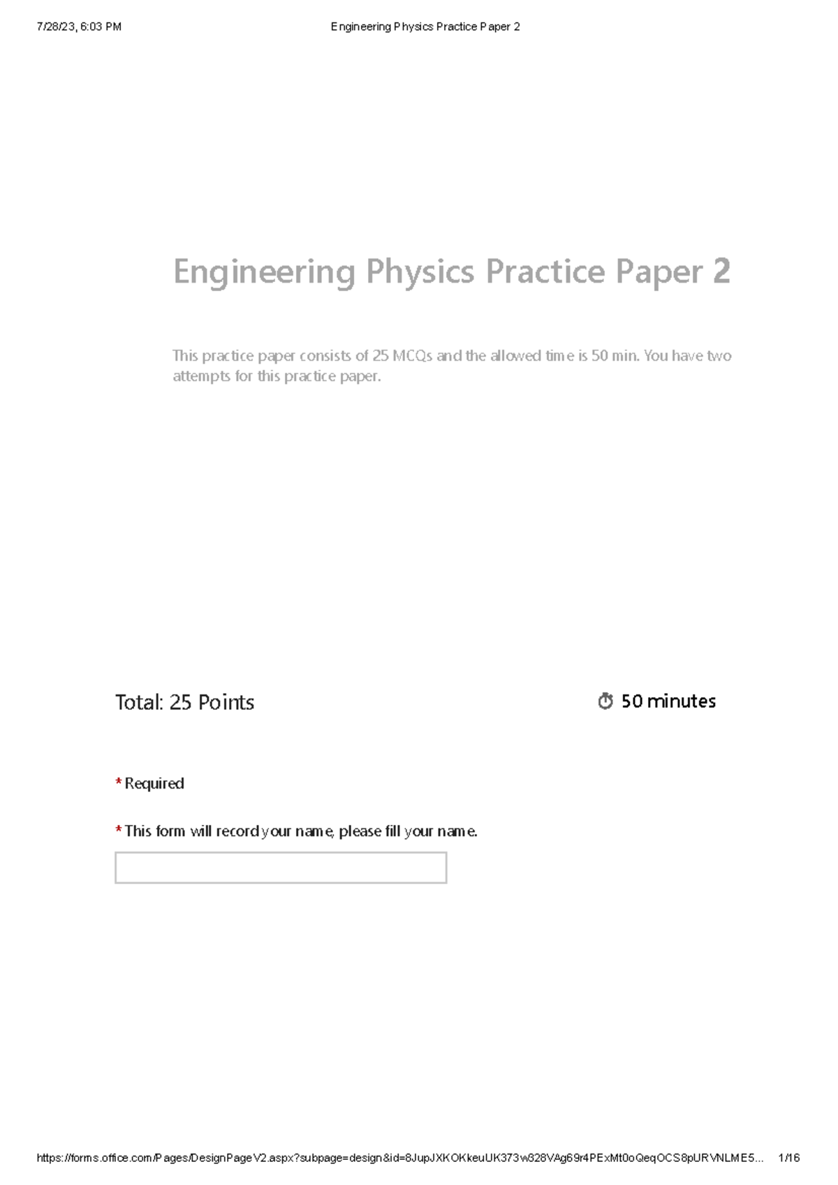 Engineering Physics Practice Paper 2: MCQs & Solutions - Studocu